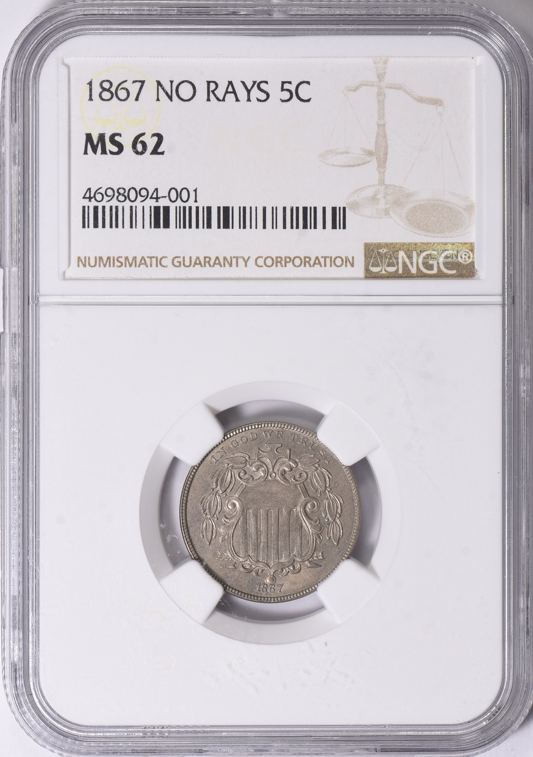 1867 Shield Nickel No Rays NGC MS-62 (Item 1780906) | GreatCollections ...