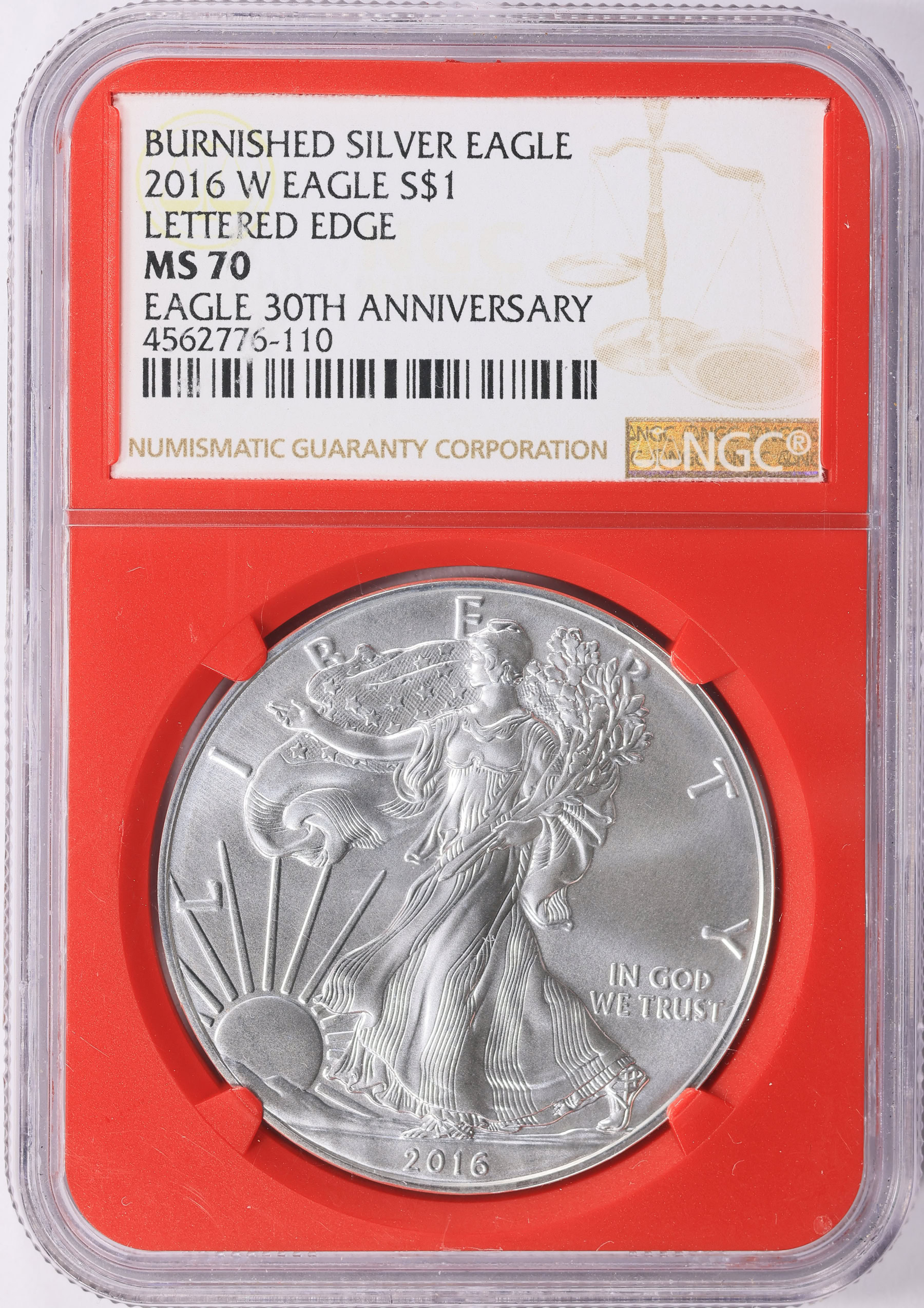 2016-W $1 Silver Eagle Burnished Lettered Edge 30th Anniversary NGC MS-70 (Red Frame Holder ...