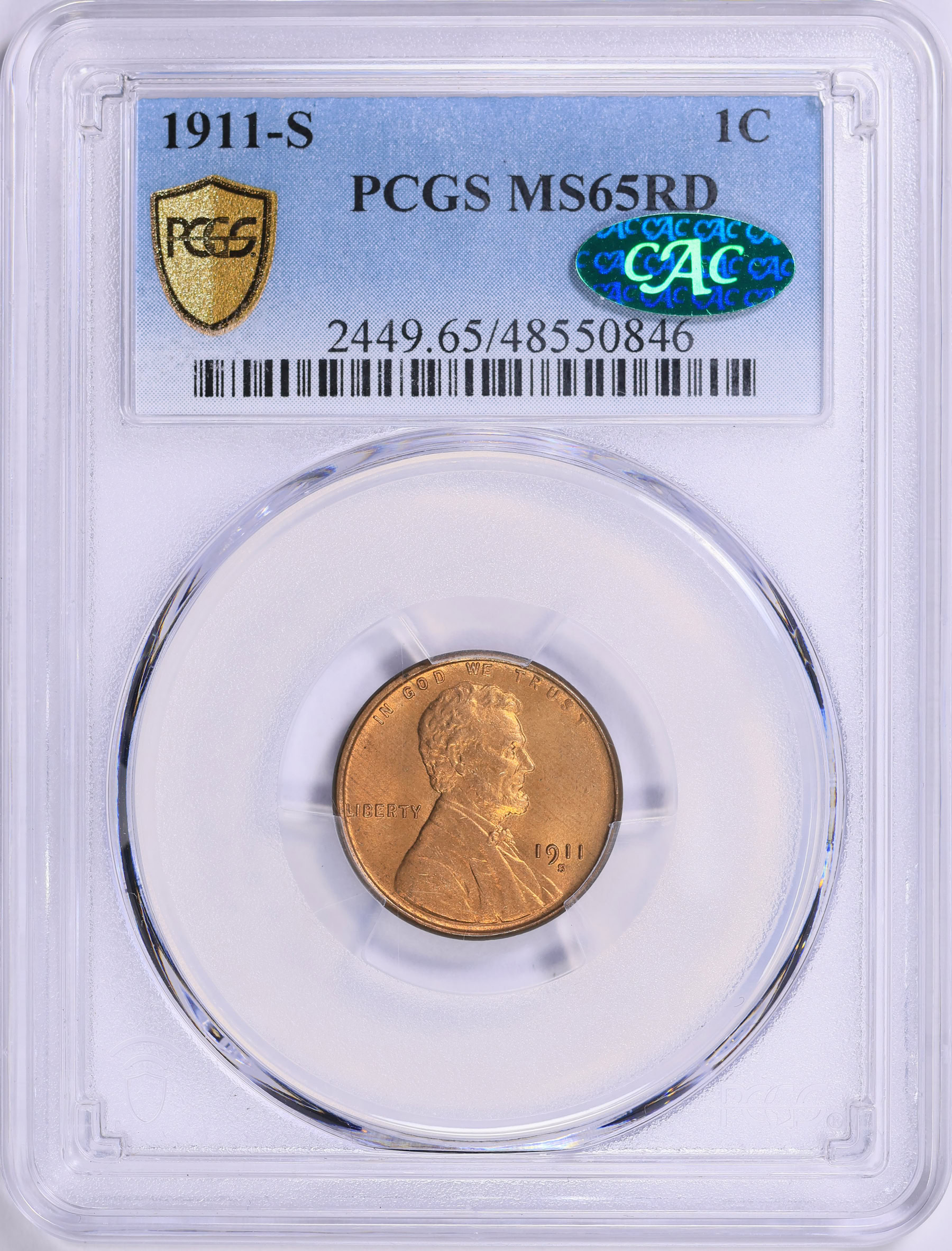 1911-S Lincoln Cent PCGS MS-65 RD (CAC Green) (Item 1781068) | GreatCollections Coin Auctions