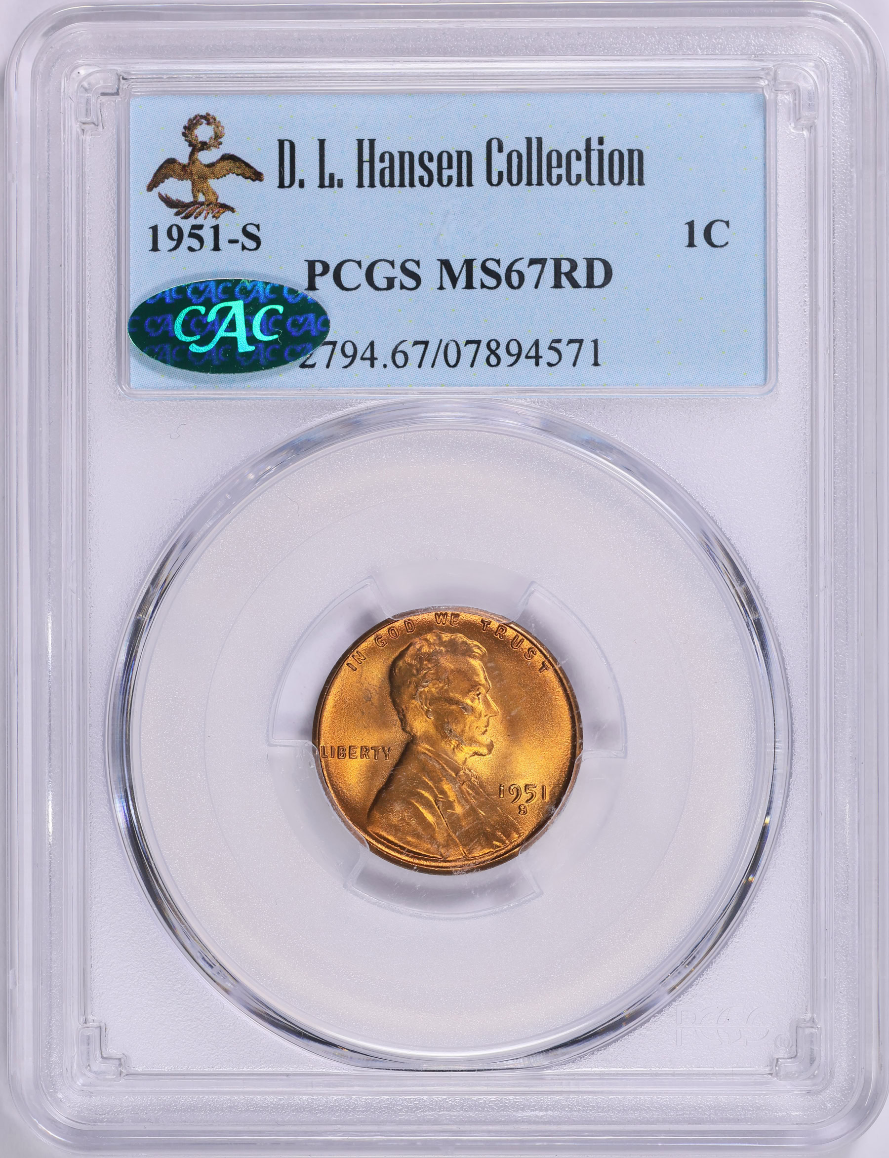 1951-S Lincoln Cent PCGS MS-67 RD (CAC Green) (D. L. Hansen Collection) (Item 1781077 ...