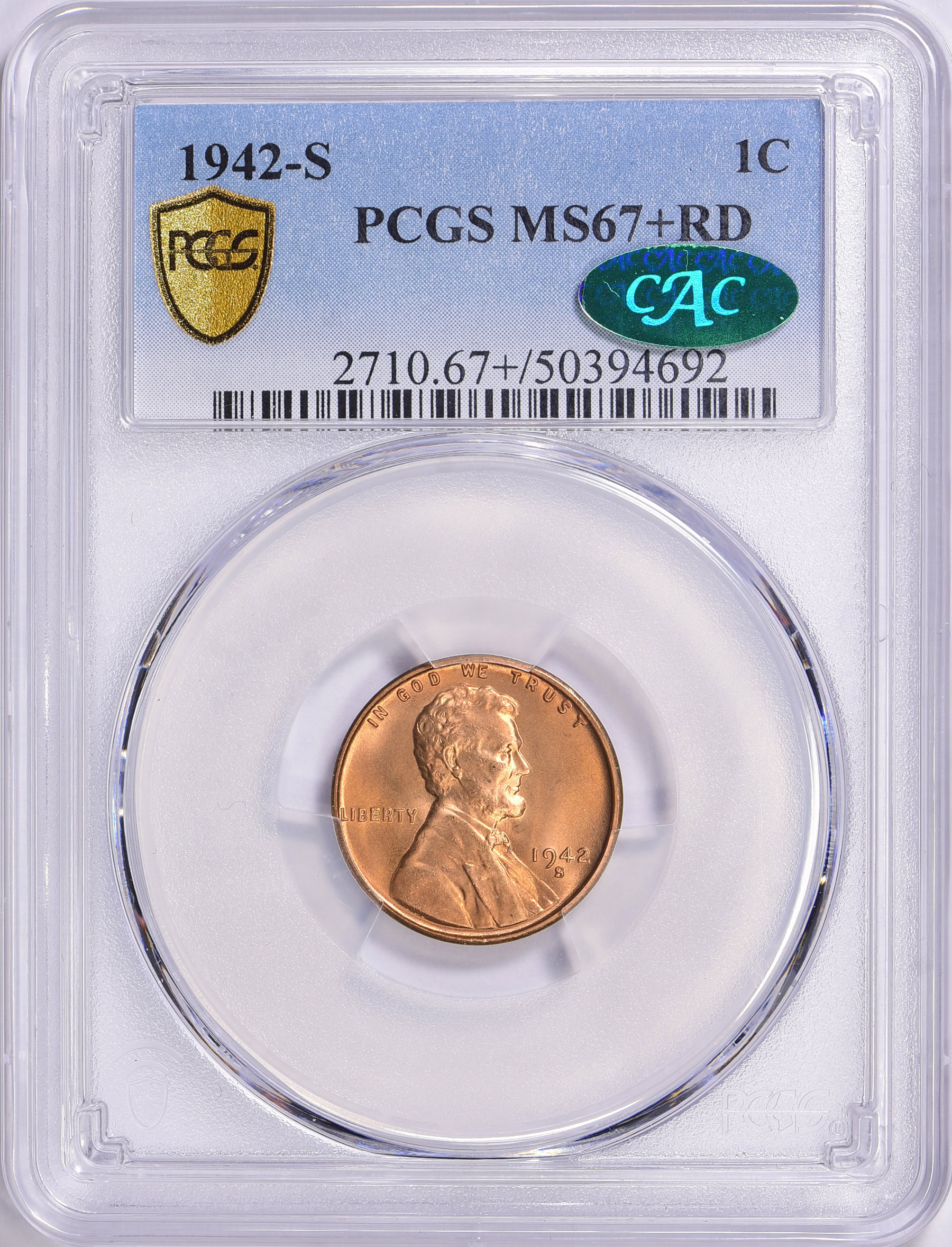 1942-S Lincoln Cent PCGS MS-67+ RD (CAC Green) (Item 1781082) | GreatCollections Coin Auctions