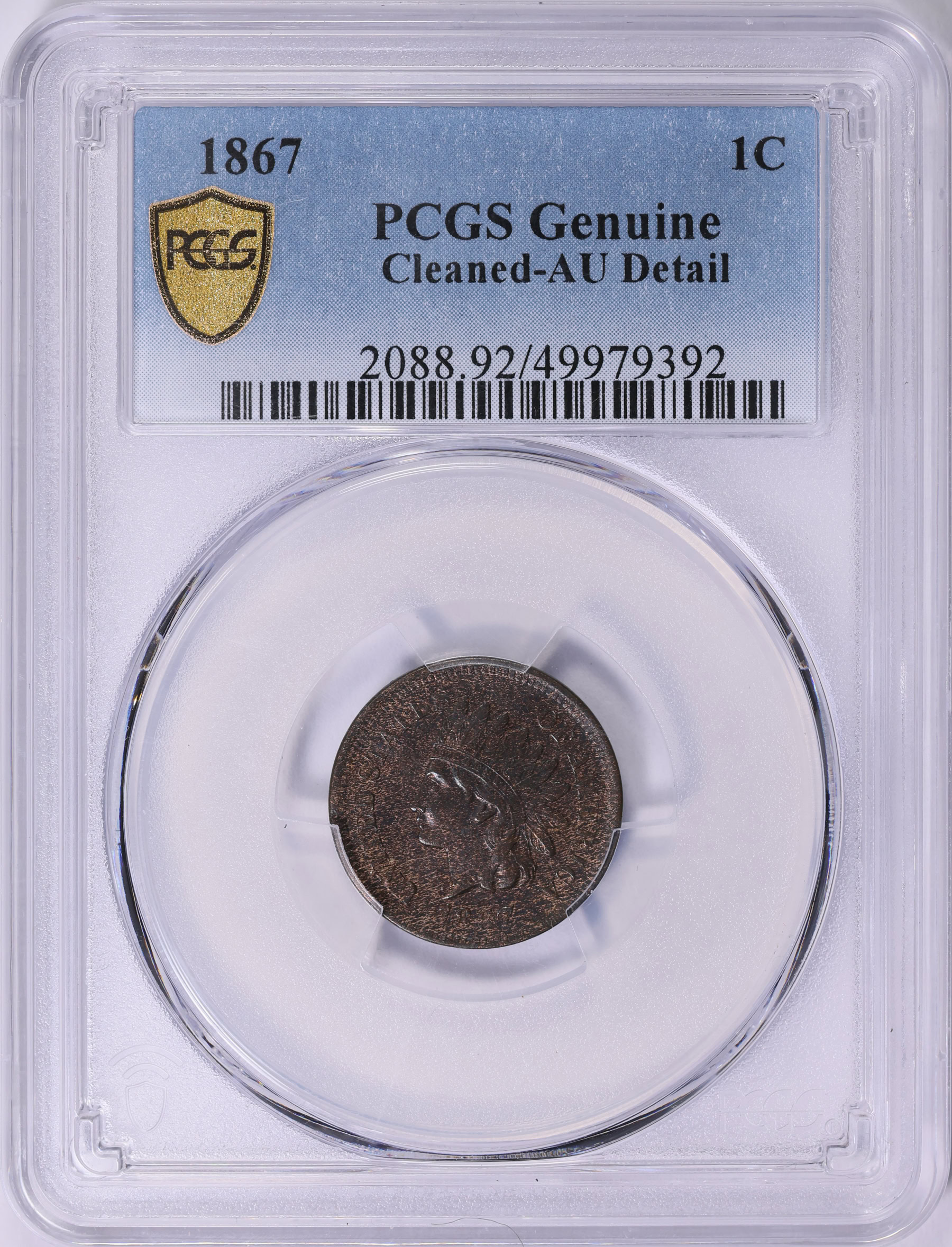 1867 Indian Cent PCGS Genuine AU Details (Item 1781107) | GreatCollections Coin Auctions