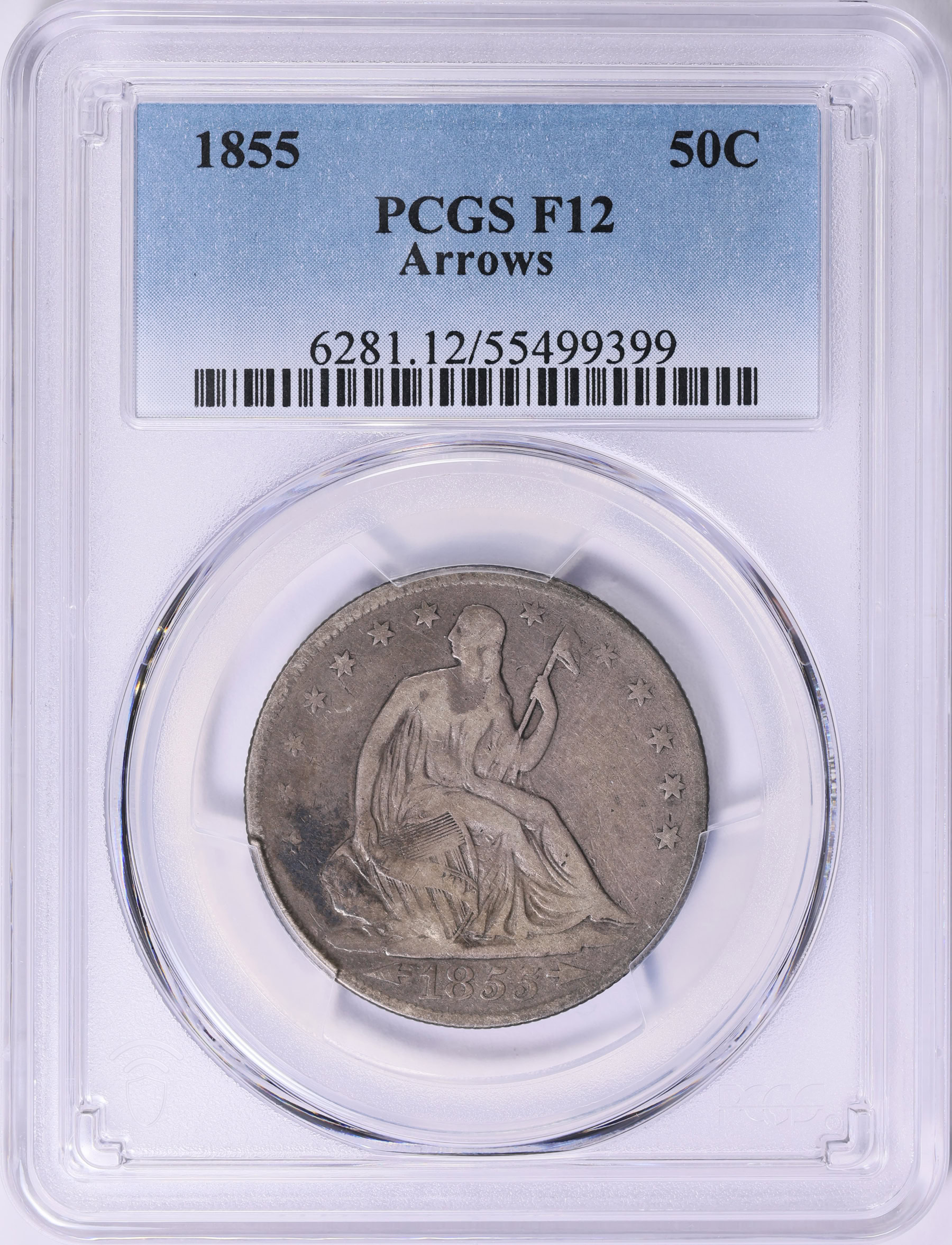 1855 Seated Liberty Half Dollar Arrows PCGS F-12 (Item 1781214) | GreatCollections Coin Auctions