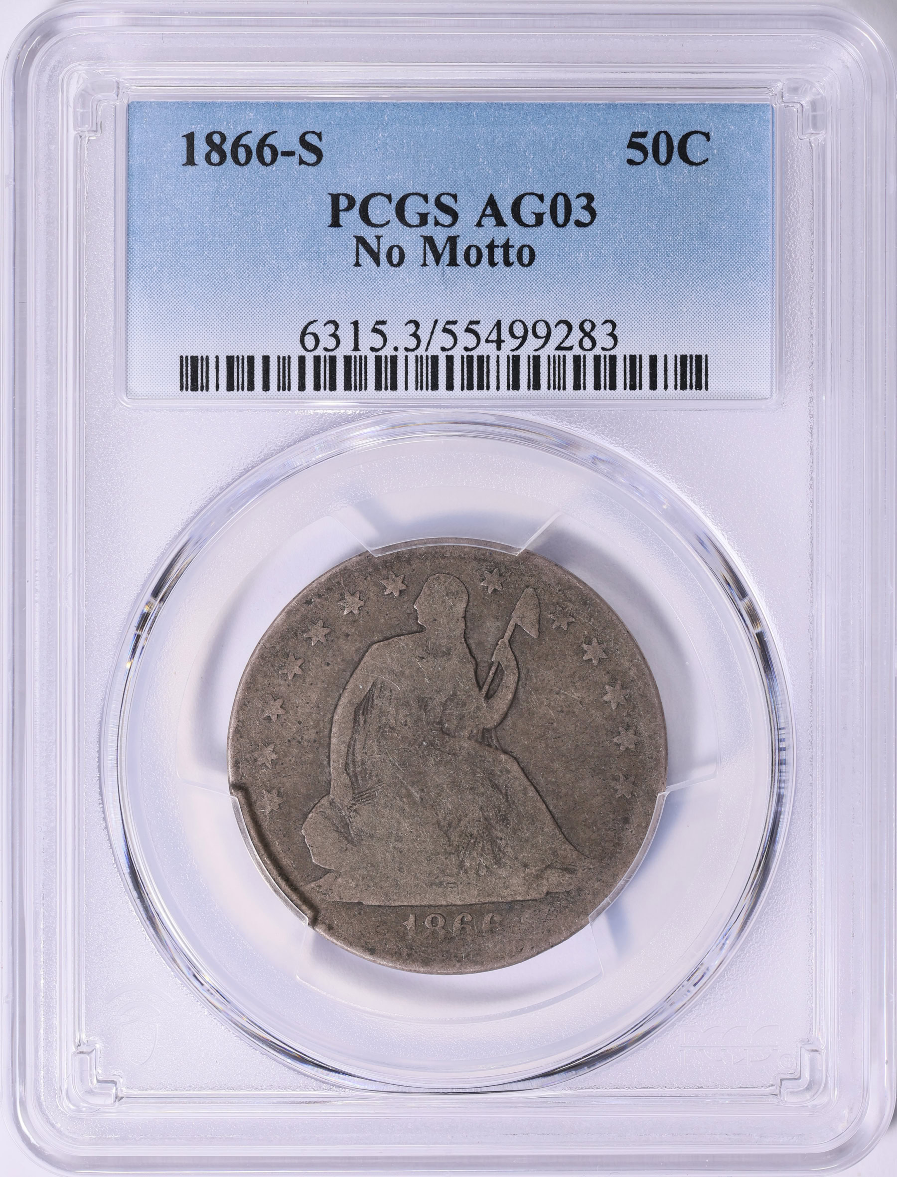 1866-S Seated Liberty Half Dollar No Motto PCGS AG-03 (Item 1781274) | GreatCollections Coin ...