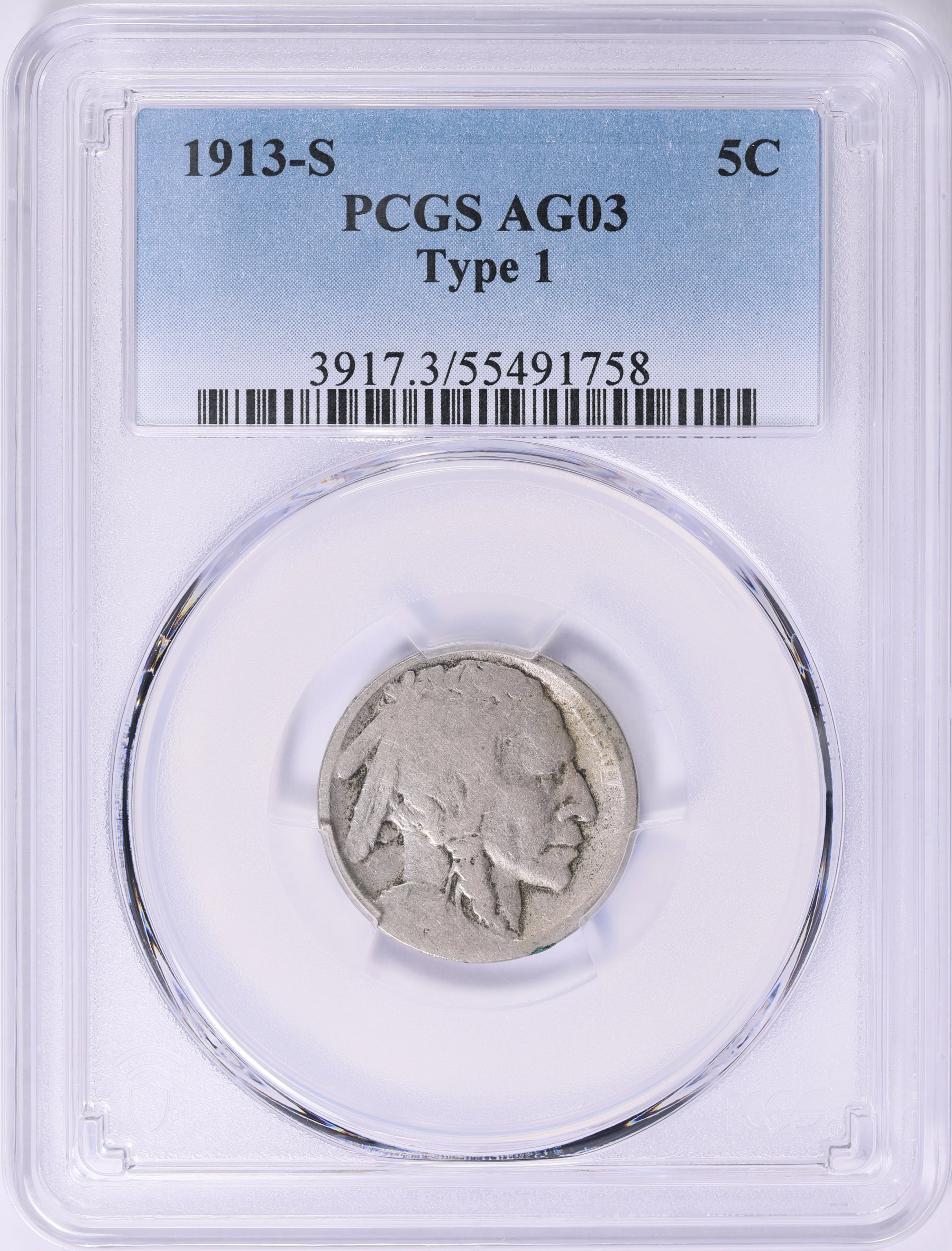 1913-S Buffalo Nickel Type 1 PCGS AG-03 (Item 1781309) | GreatCollections Coin Auctions