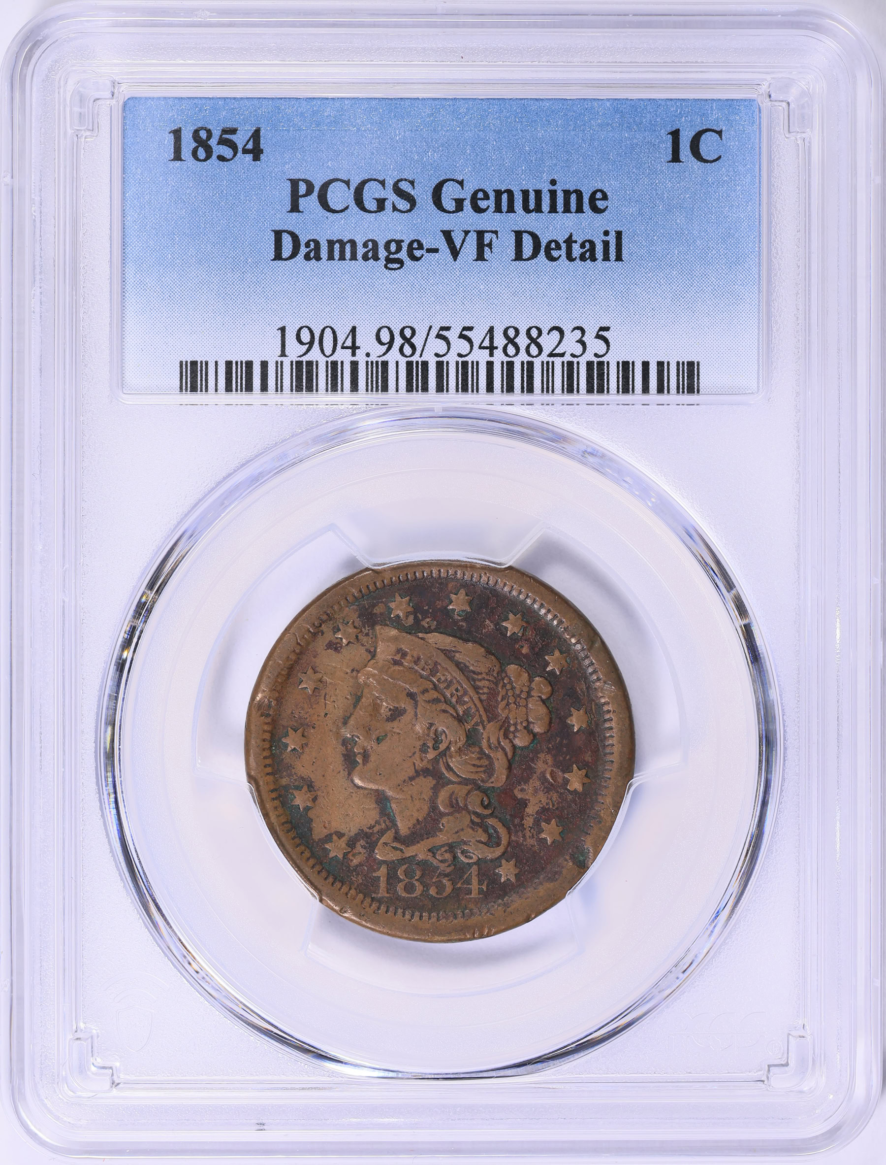 1854 Braided Hair Cent PCGS Genuine VF Details (Item 1781325) | GreatCollections Coin Auctions