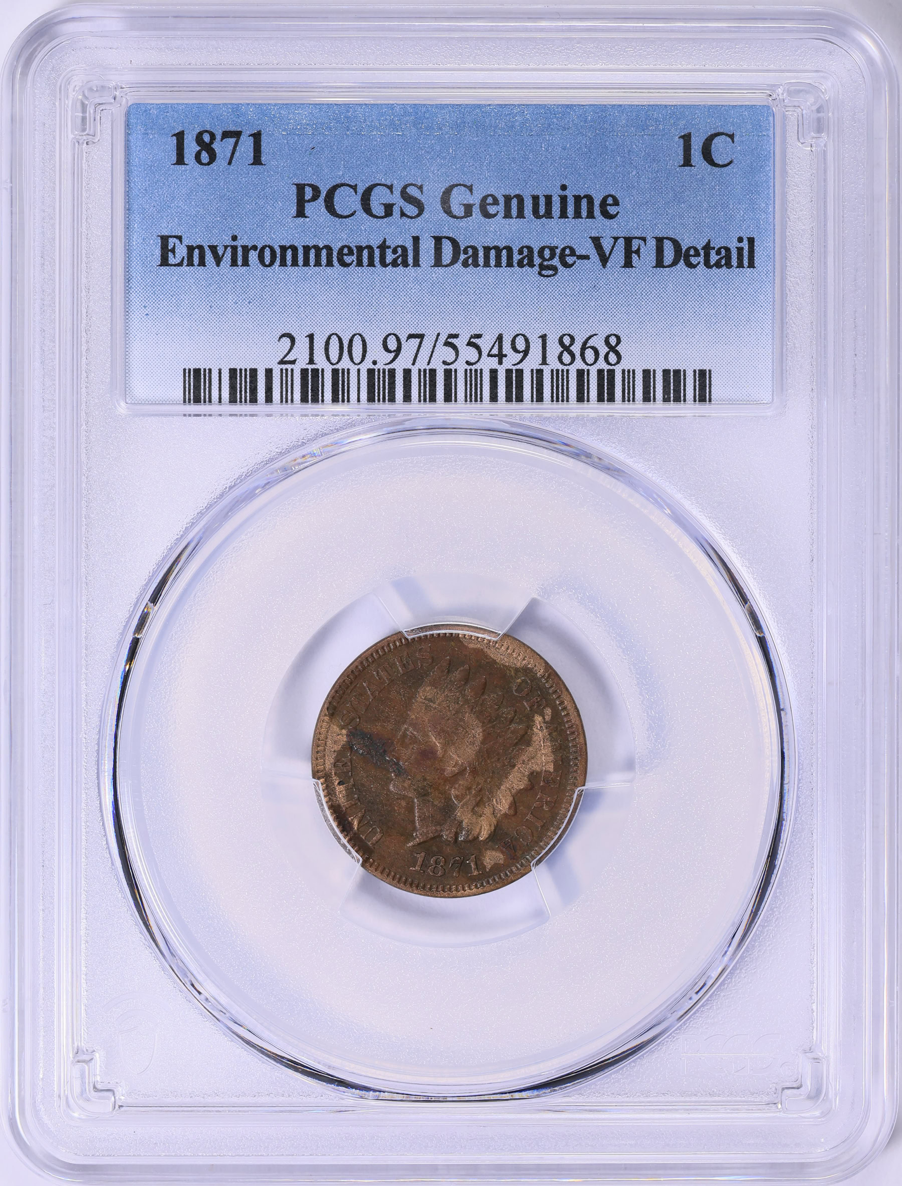 1871 Indian Cent PCGS Genuine VF Details (Item 1781391) | GreatCollections Coin Auctions