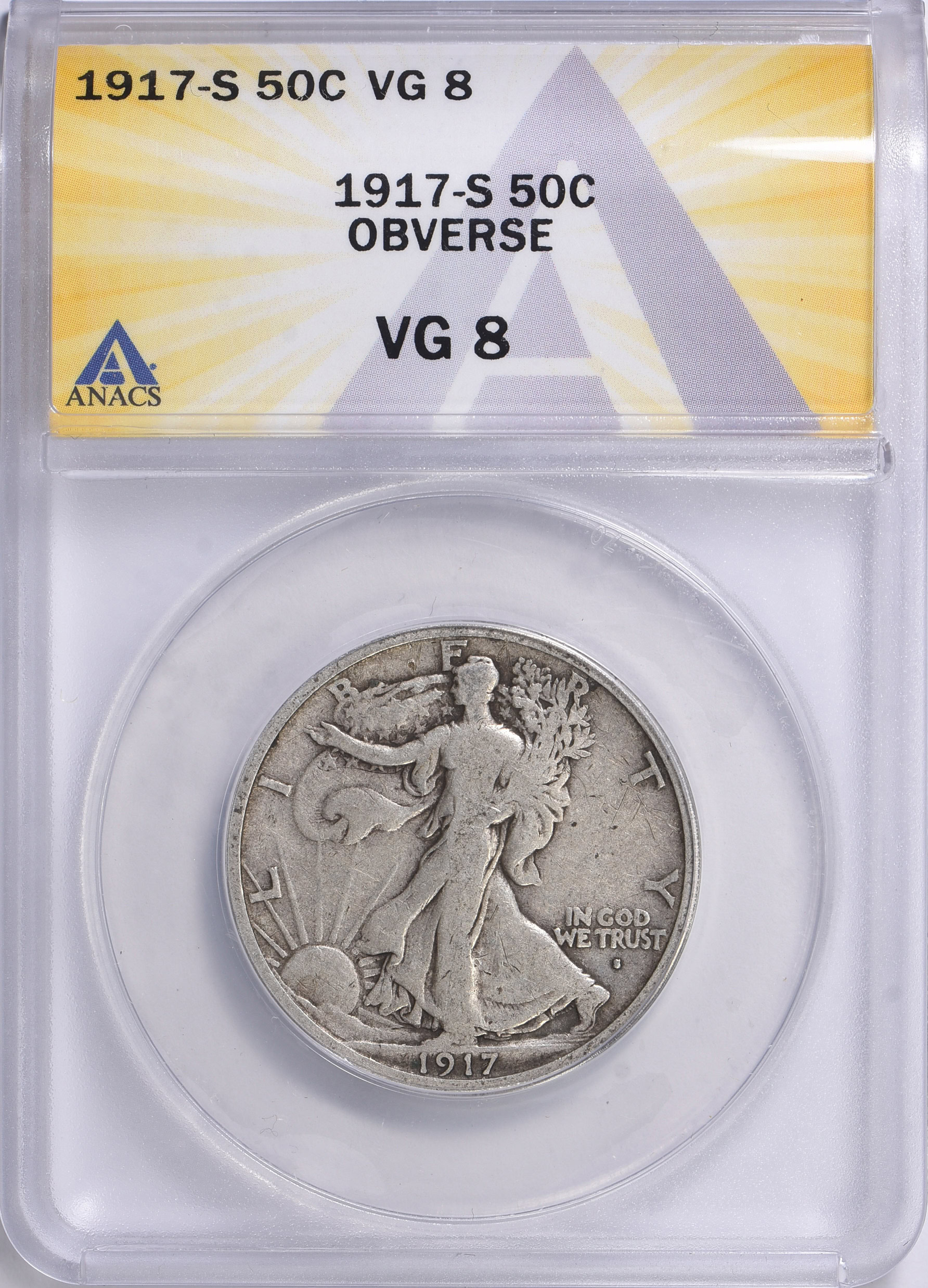 1917-S Walking Liberty Half Dollar Obverse Mintmark ANACS VG-08 (Item 1781431 ...