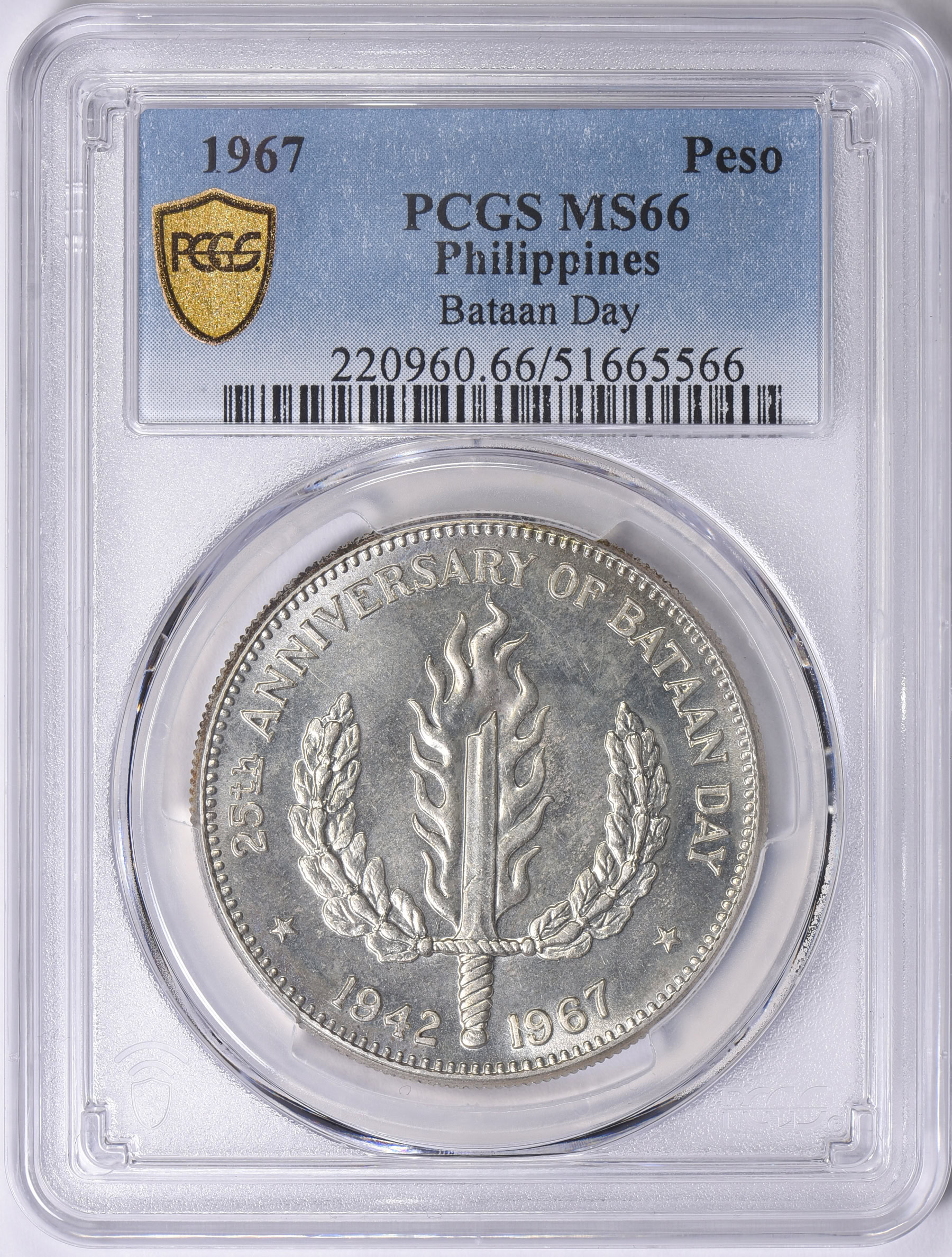 Philippines ND (1967) Silver Peso Bataan Day PCGS MS-66 (Item 1781574) | GreatCollections Coin ...