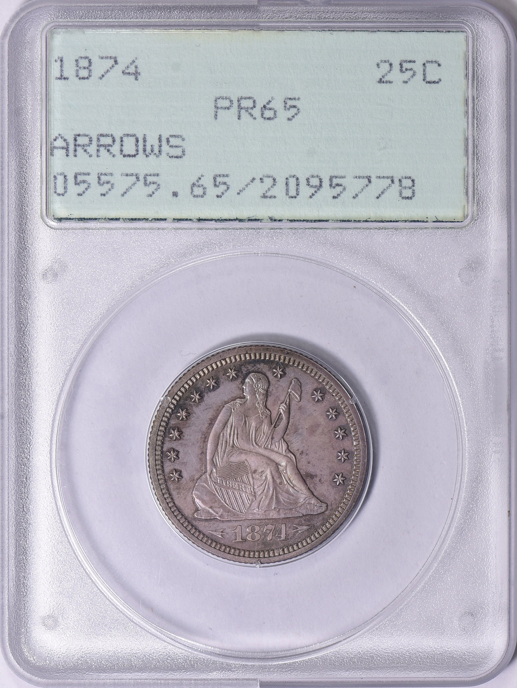 1874 Seated Liberty Quarter Arrows PCGS Proof-65 OGH (1st Gen) (Toned) (Item 1781688 ...
