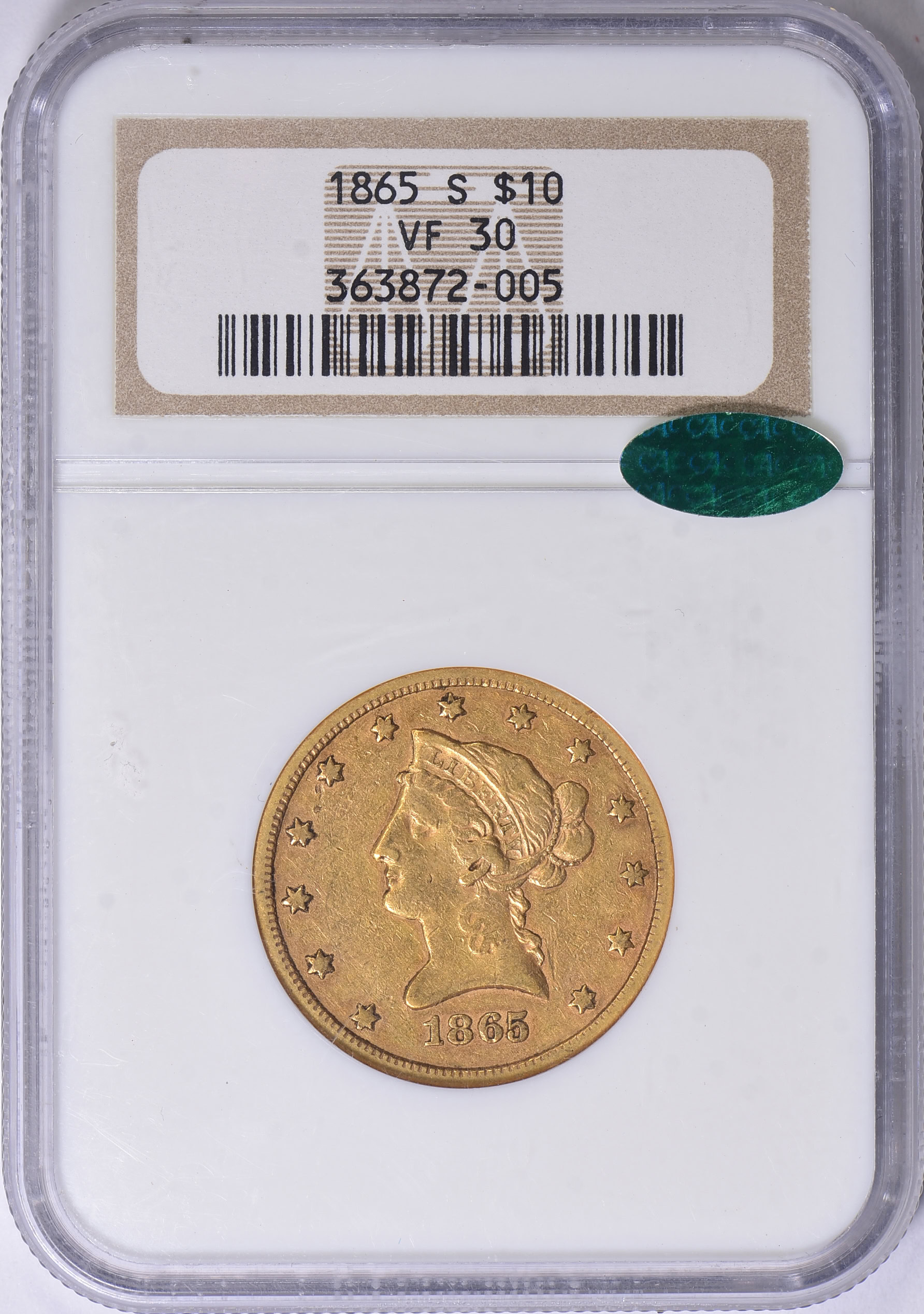 1865-S Liberty Gold Eagle NGC VF-30 (CAC Green) (Item 1781710 ...