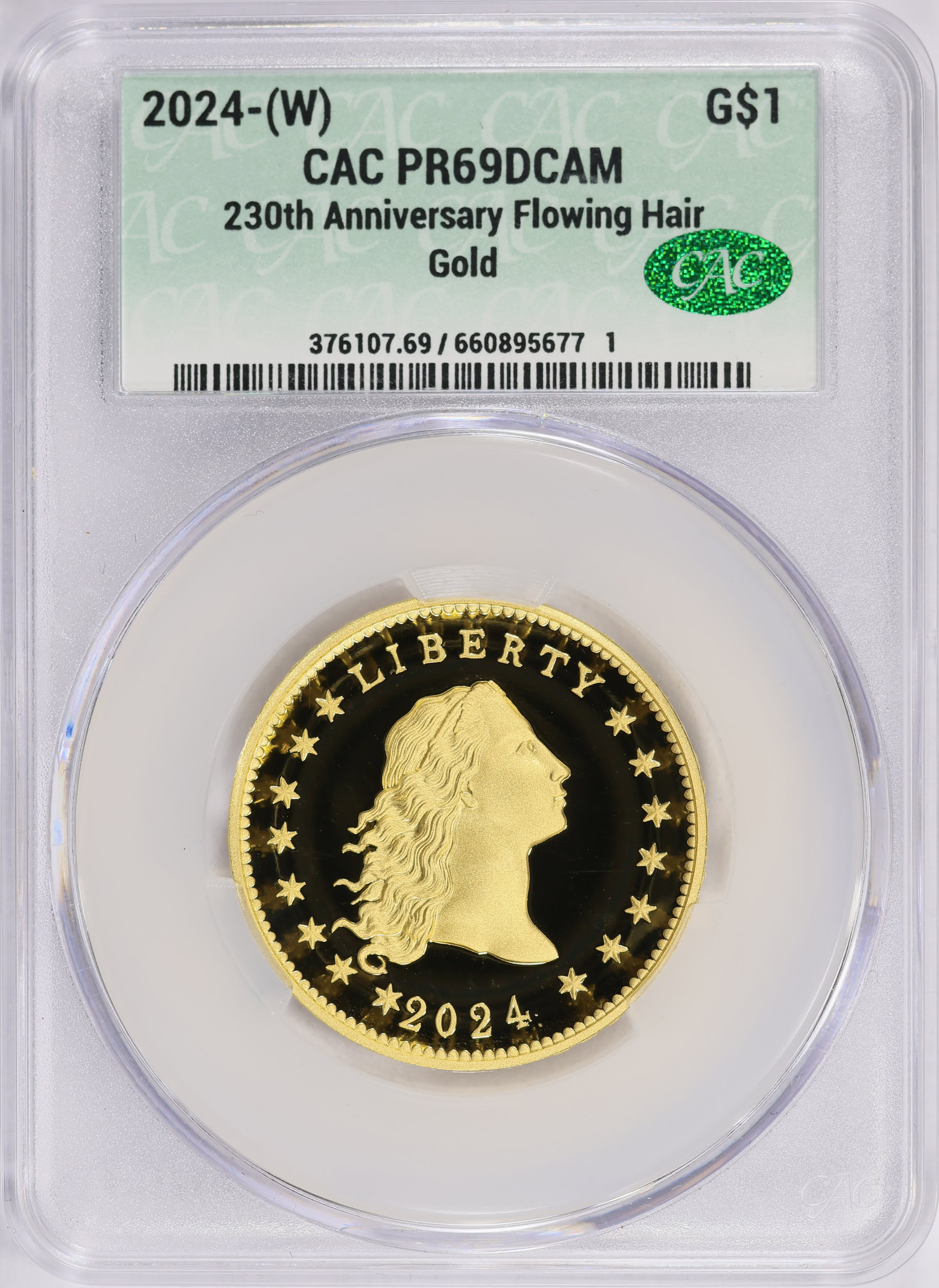 2024-(W) Flowing Hair High Relief Gold Dollar 230th Anniversary CACG Proof-69 DCAM (With ...