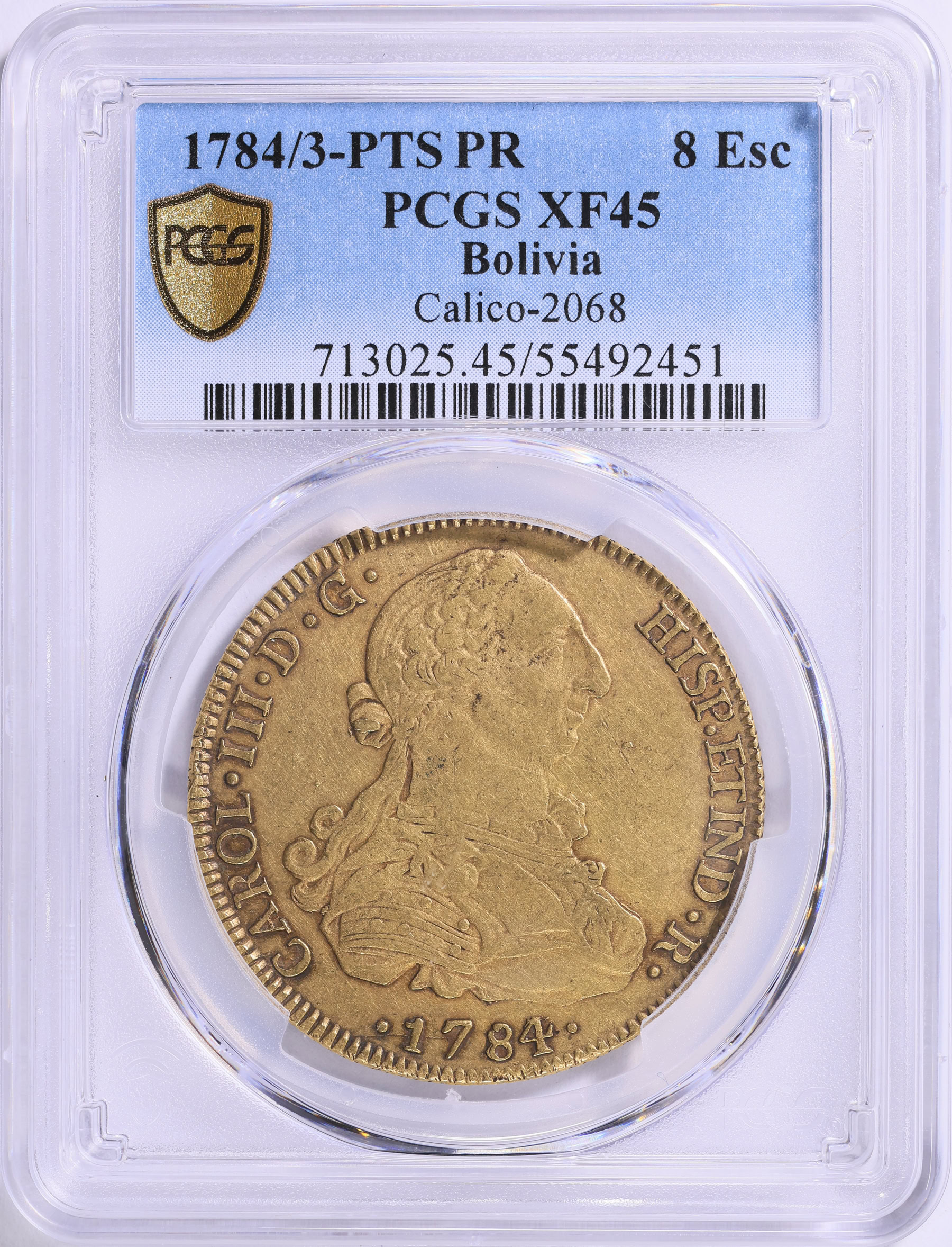 Bolivia 1784/3-PTS PR Gold 8 Escudos KM-59 PCGS XF-45 (AGW = 0.7867 oz ...