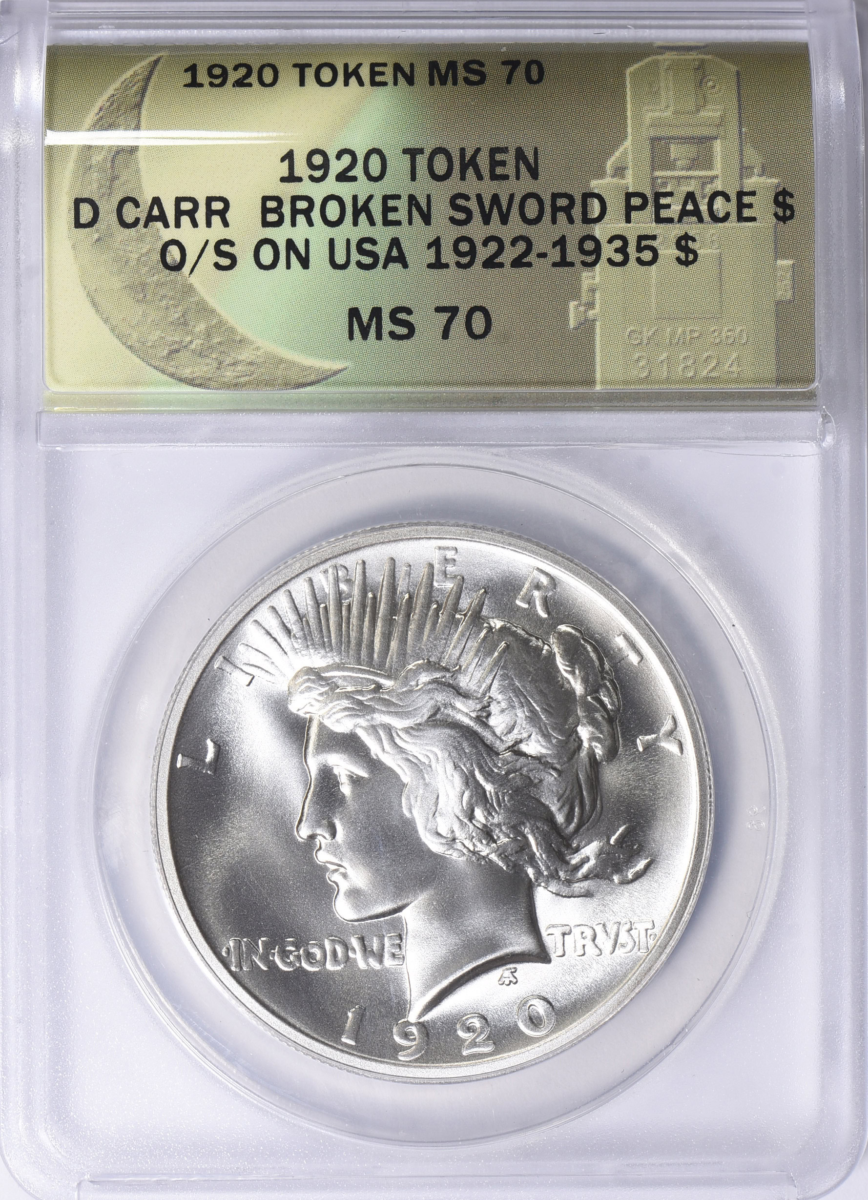1920 Silver Peace Dollar Broken Sword Daniel Carr Token Overstruck on ...