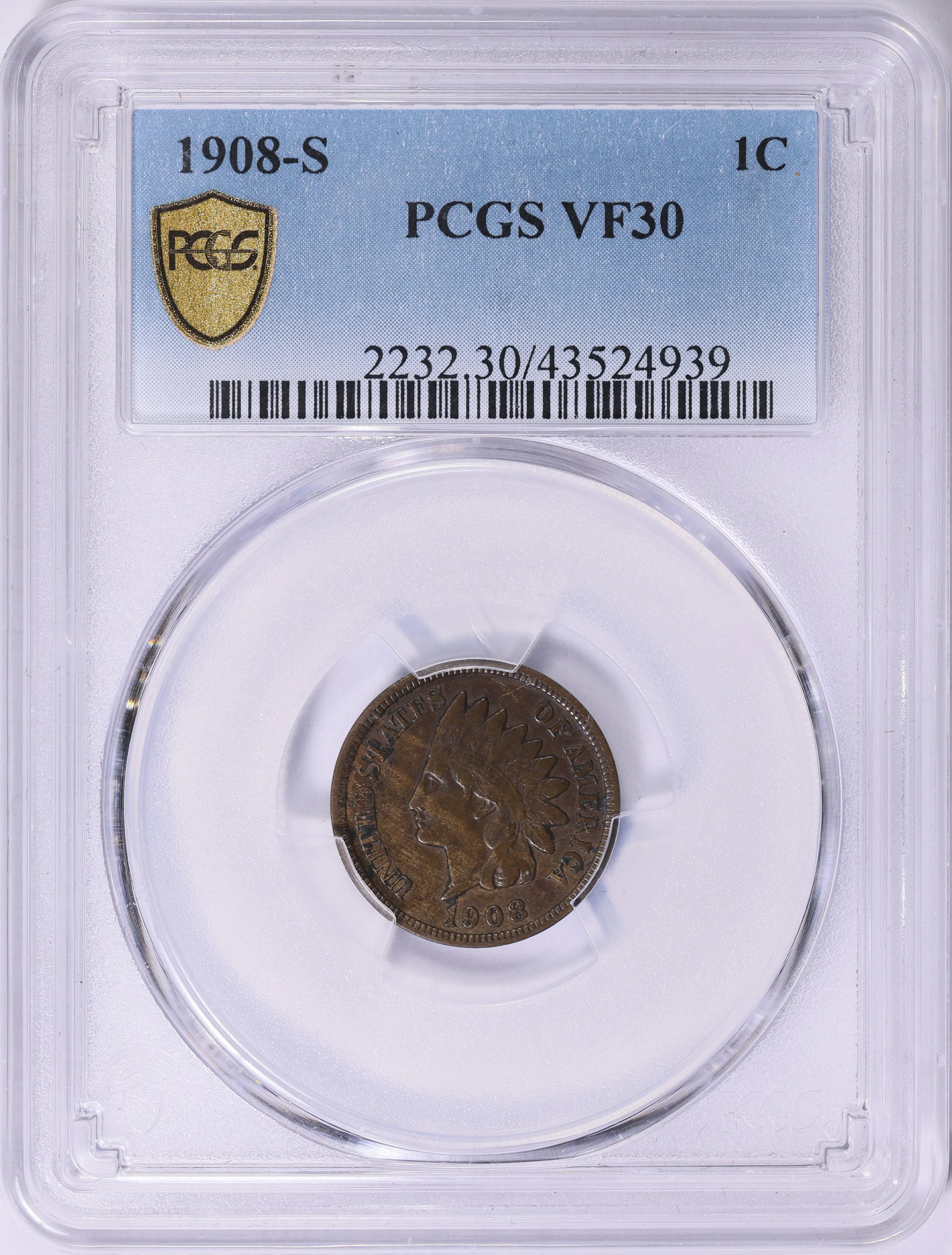 1908-S Indian Cent PCGS VF-30 BN (Item 1782387) | GreatCollections Coin Auctions