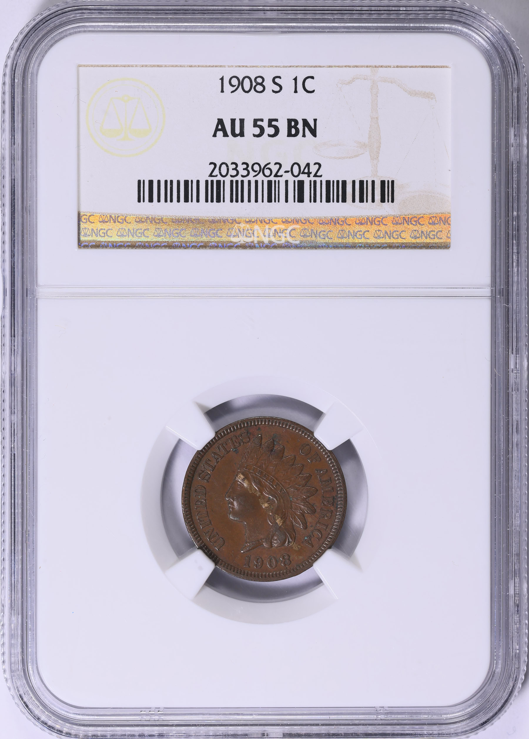 1908-S Indian Cent NGC AU-55 BN (Item 1782391) | GreatCollections Coin ...