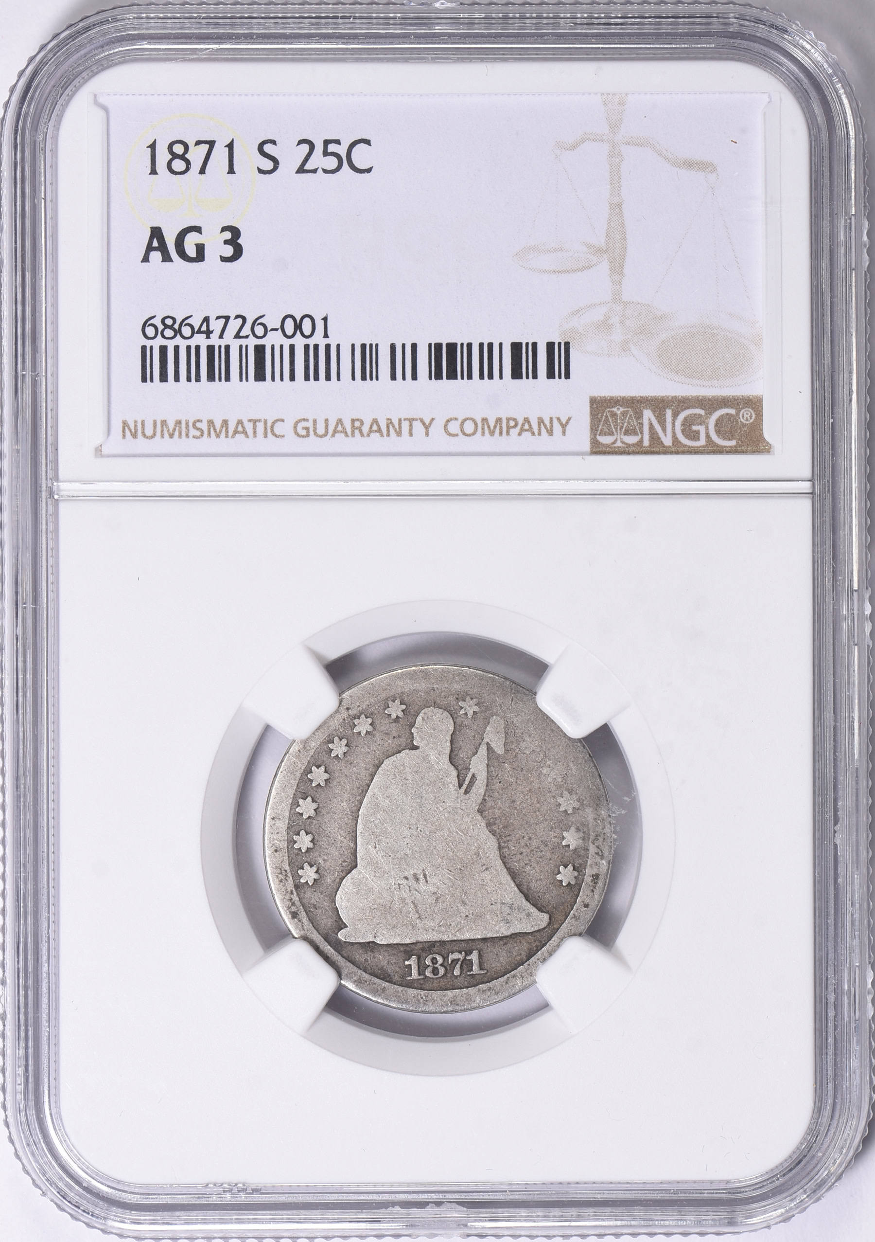 1871-S Seated Liberty Quarter NGC AG-03 (Item 1782538) | GreatCollections Coin Auctions
