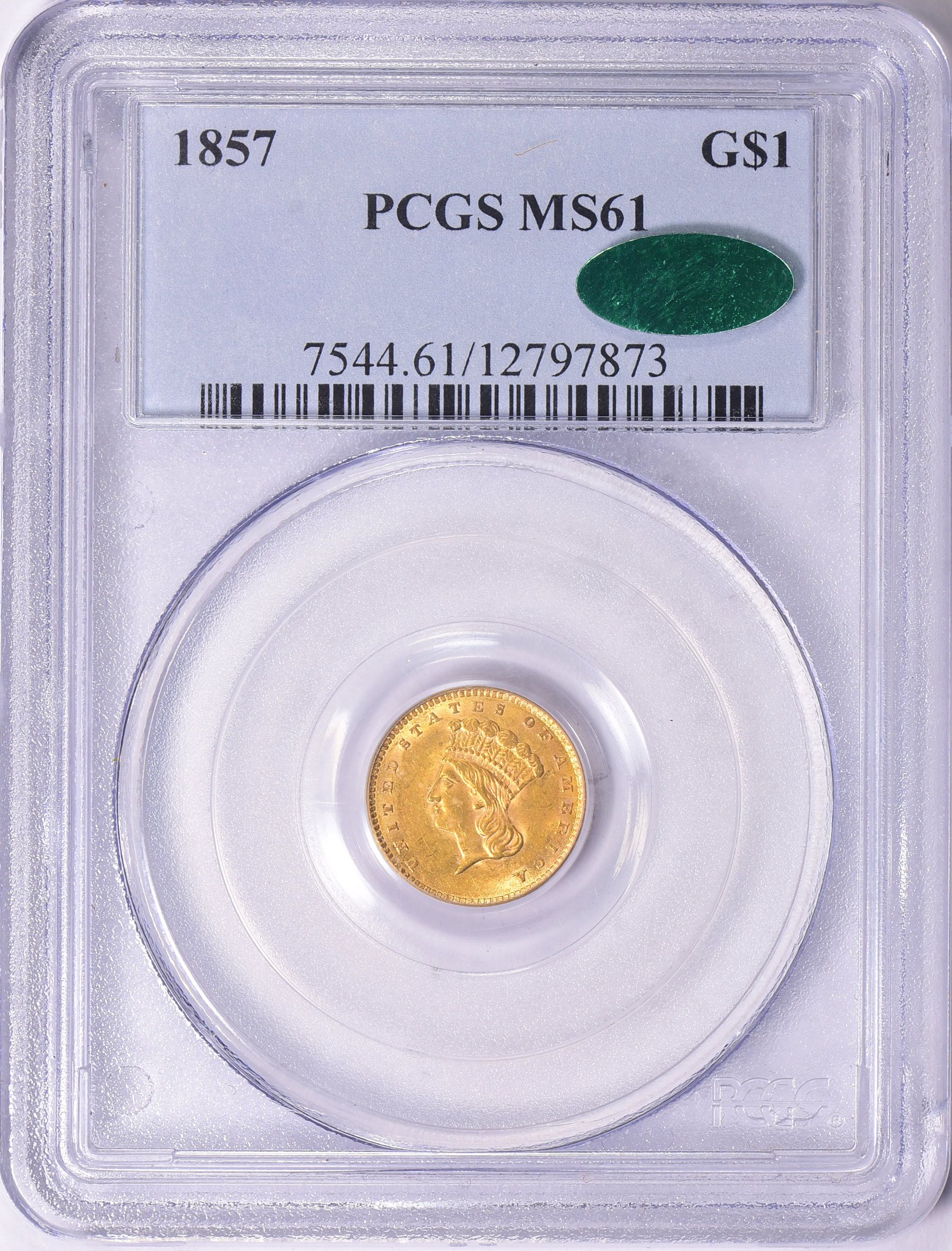 1857 Indian Princess Gold Dollar PCGS MS-61 (CAC Green) (Item 1782551 ...