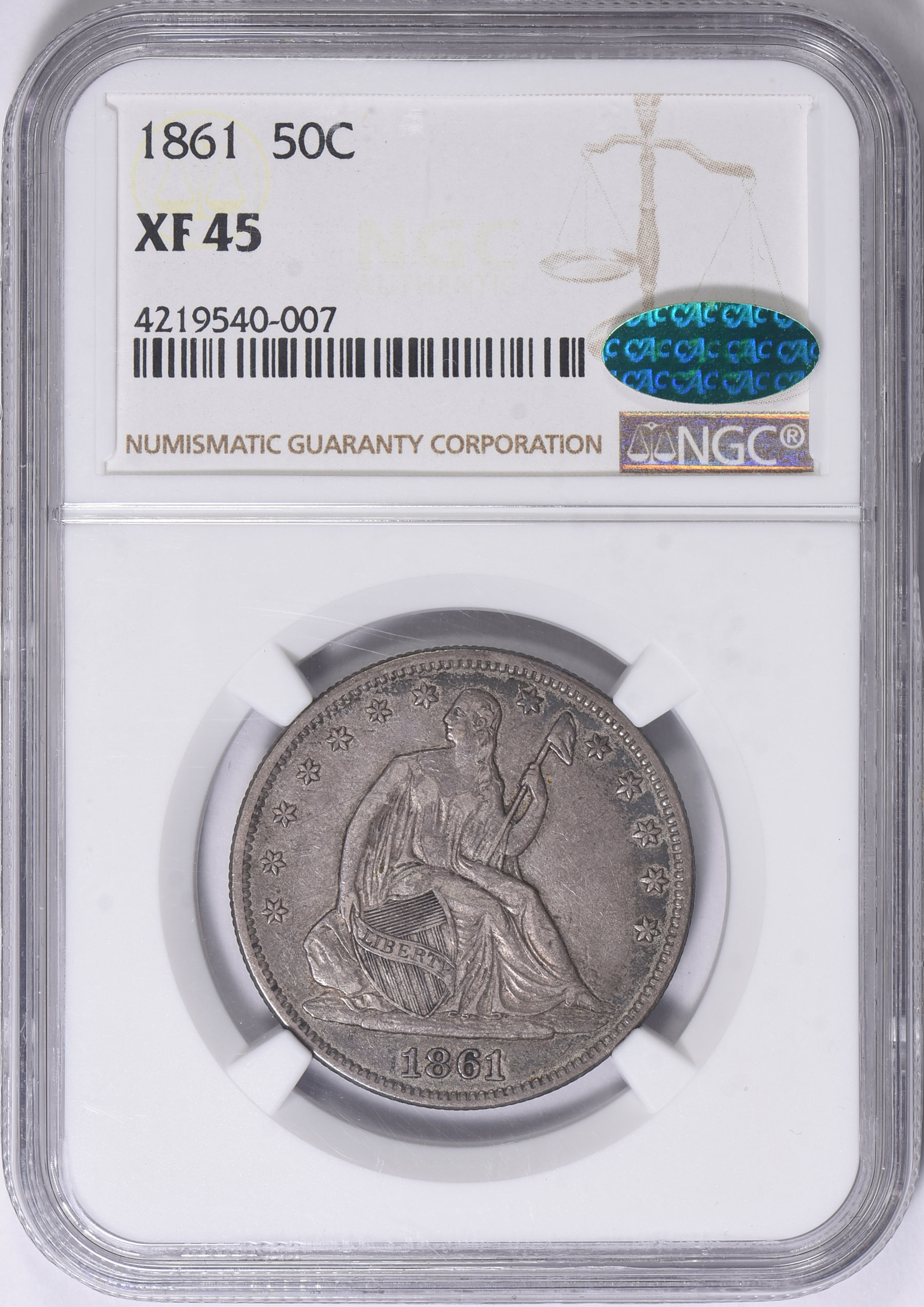 1861 Seated Liberty Half Dollar NGC XF-45 (CAC Green) (Item 1782553) | GreatCollections Coin ...