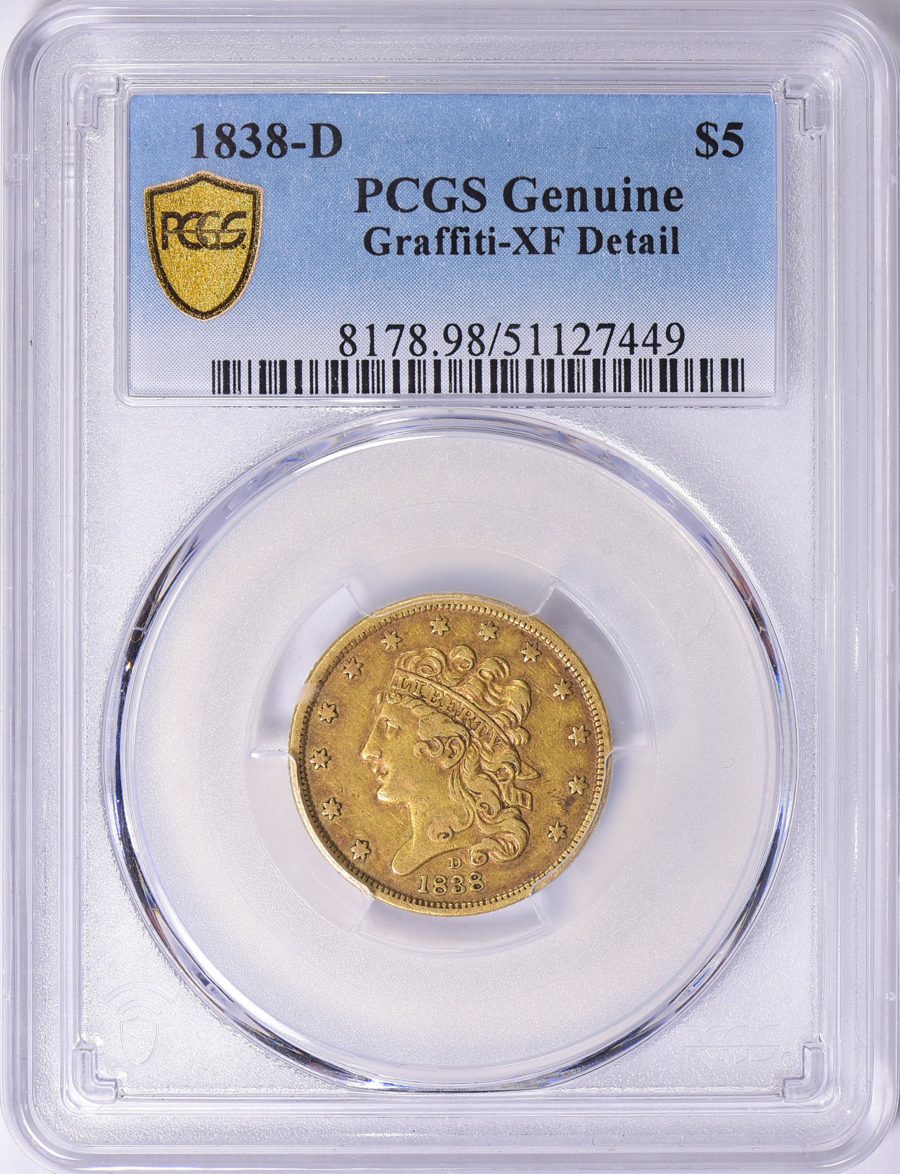 1838-D Classic Head Gold Half Eagle PCGS Genuine XF Details (Item ...