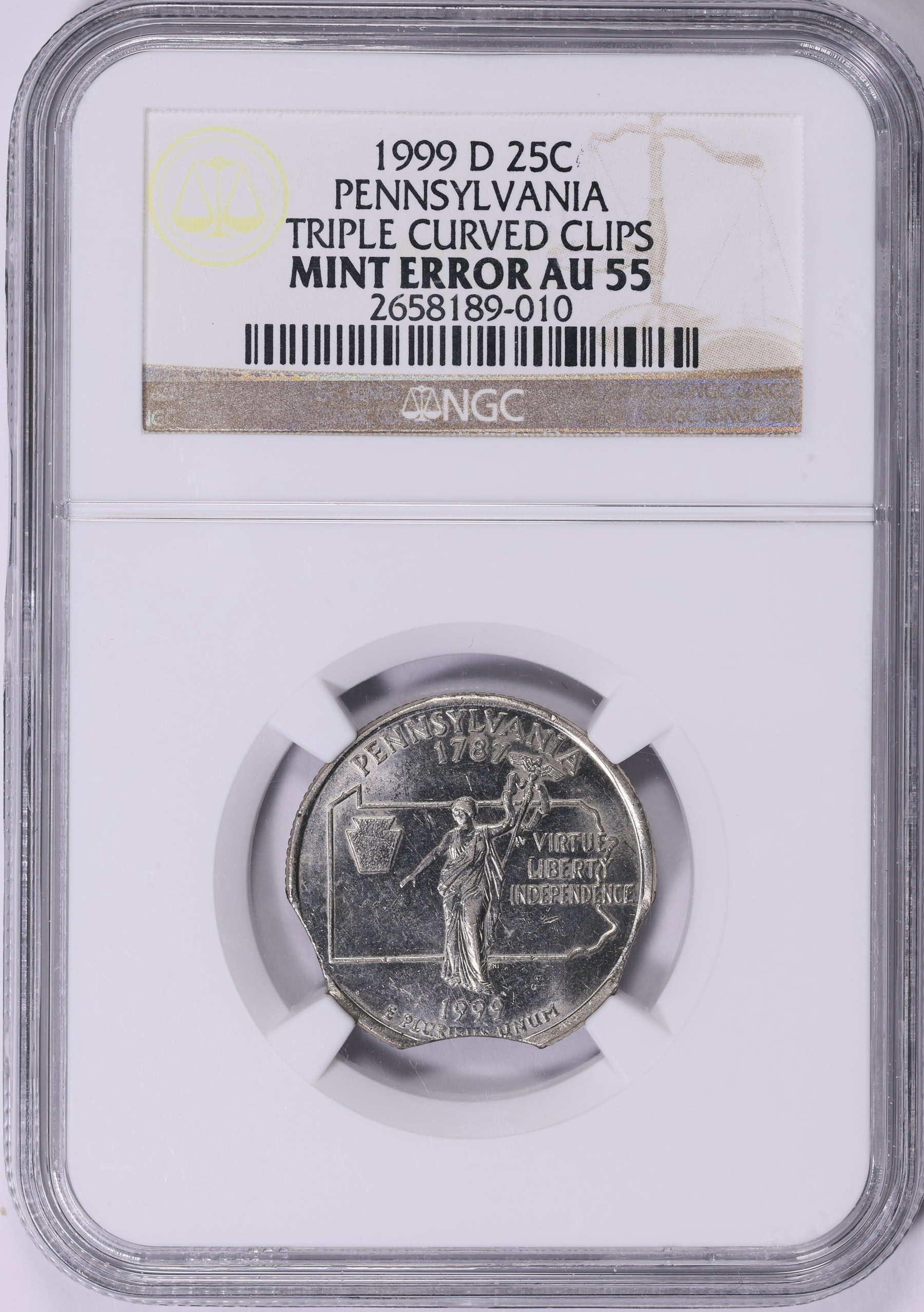 Mint Error 1999-D Pennsylvania State Quarter Triple Curved Clips NGC AU ...