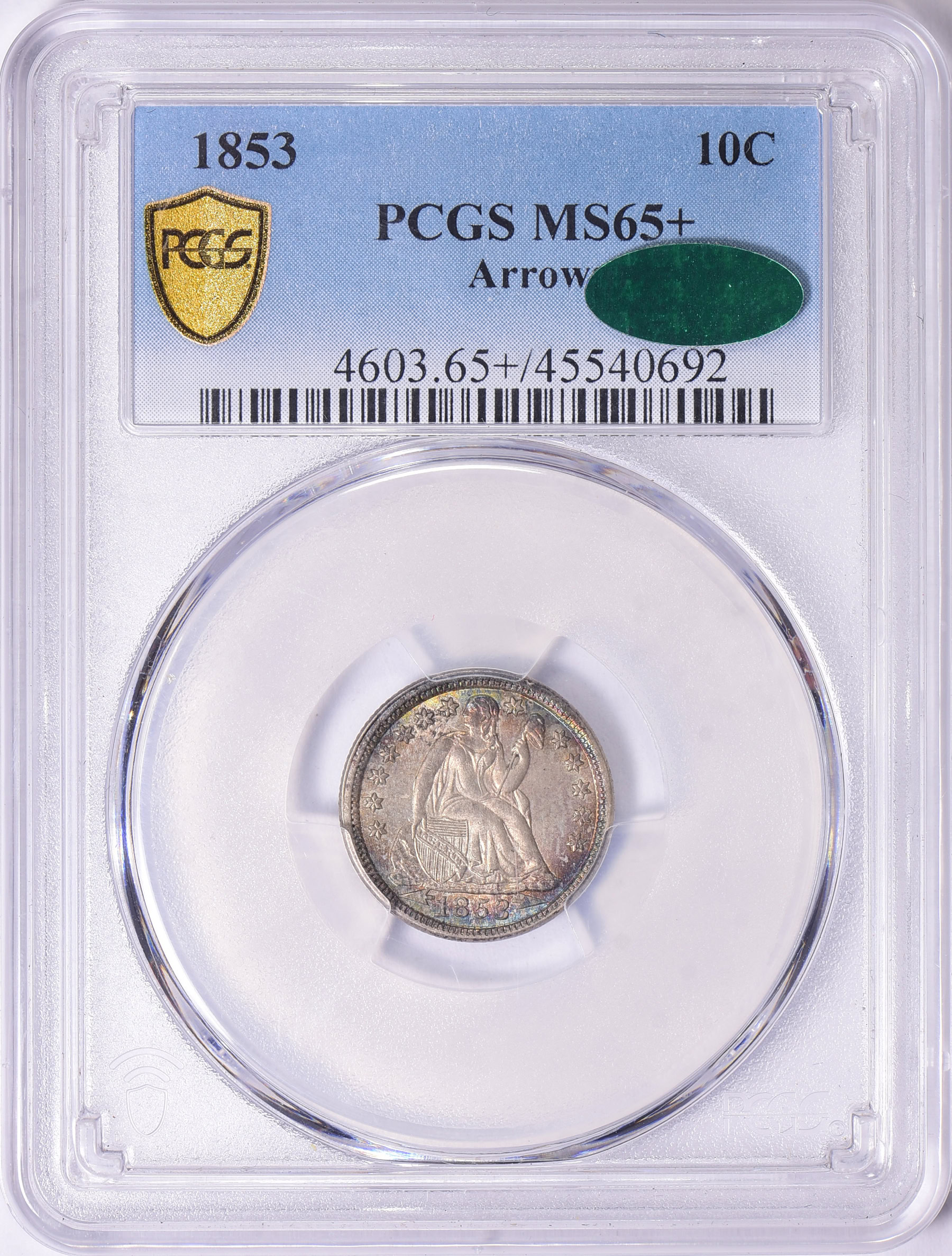 1853 Seated Liberty Dime Arrows PCGS MS-65+ (CAC Green) (Toned) (Item ...