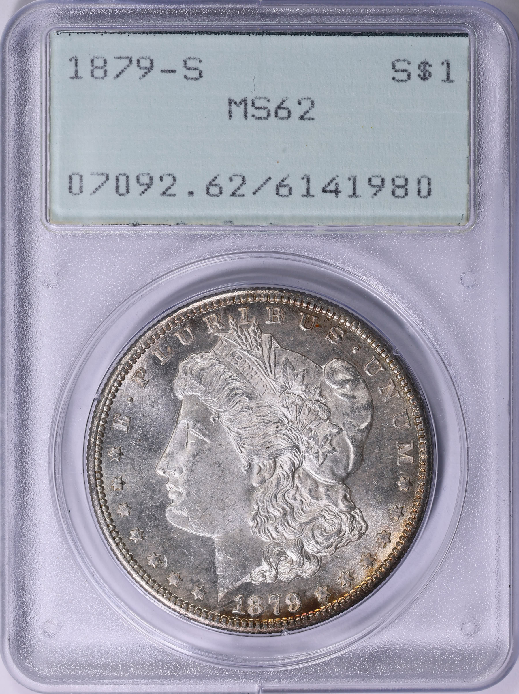 1879-S Morgan Silver Dollar PCGS MS-62 OGH (1st Gen) (Item 1782824) | GreatCollections Coin Auctions
