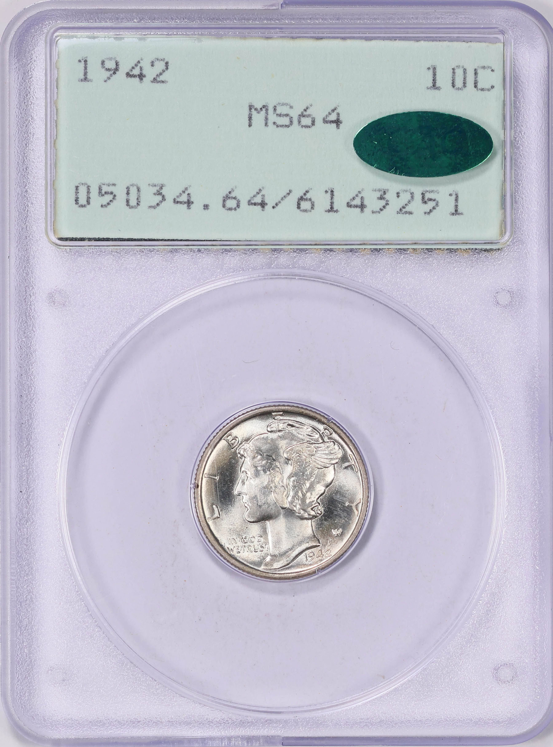1942 Mercury Dime PCGS MS-64 (CAC Green) OGH (1st Gen) (Item 1782892) | GreatCollections Coin ...