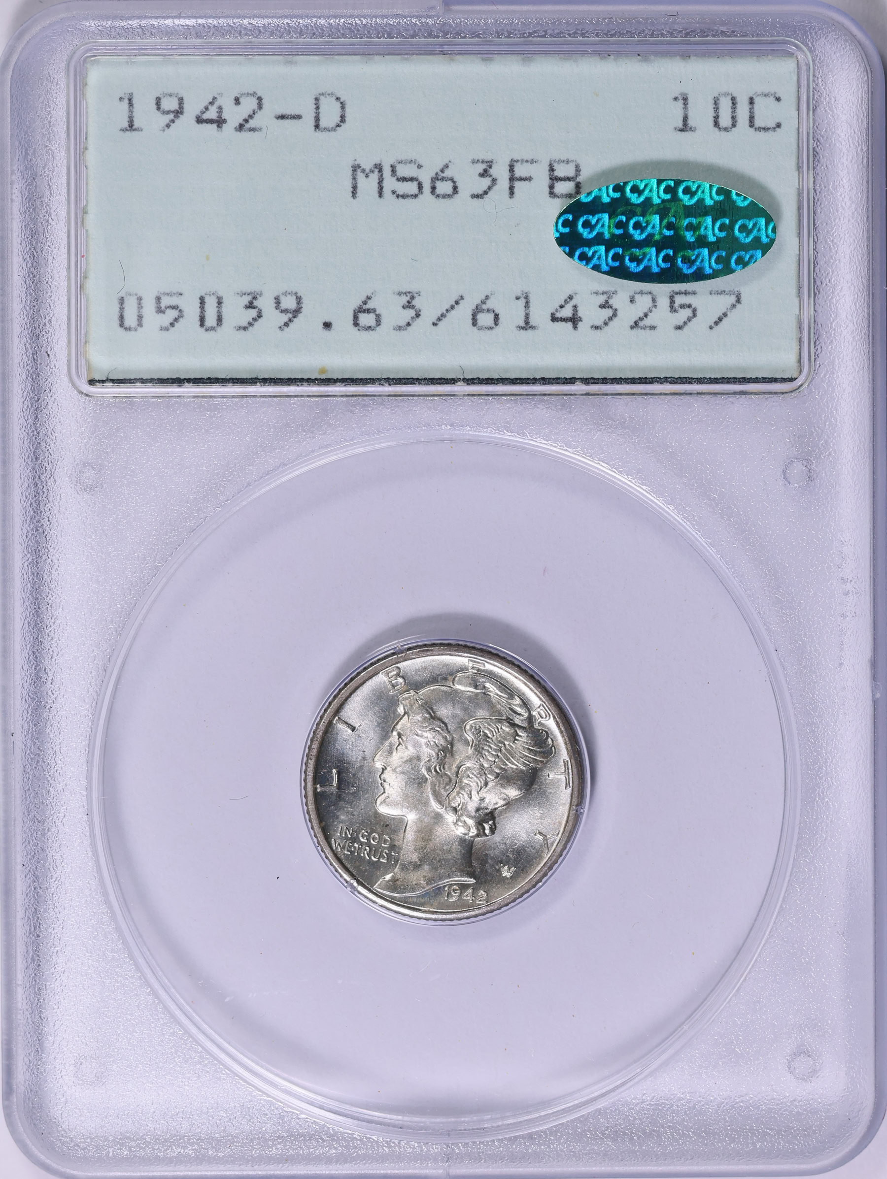 1942-D Mercury Dime PCGS MS-63 FB (CAC Green) OGH (1st Gen) (Item 1782897) | GreatCollections ...