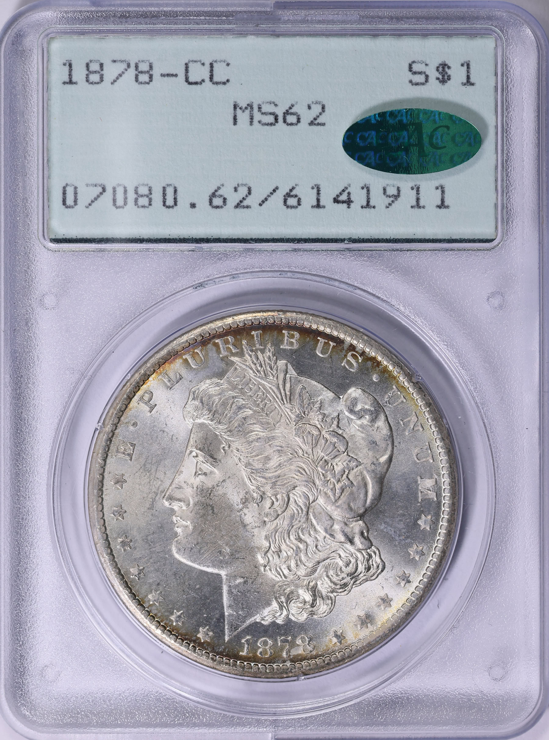 1878-CC Morgan Silver Dollar PCGS MS-62 (CAC Green) OGH (1st Gen) (Toned) (Item 1783000 ...