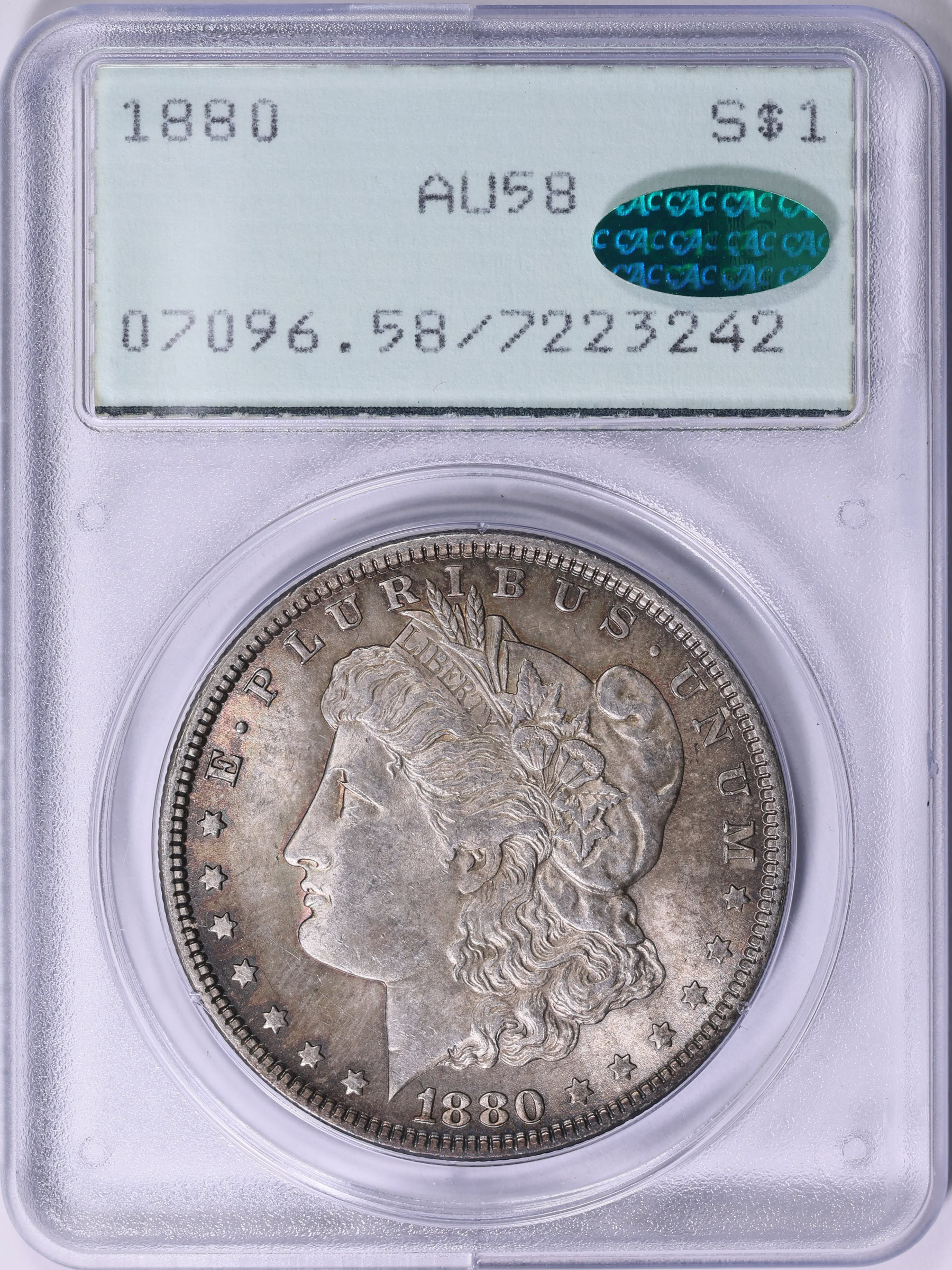 1880 Morgan Silver Dollar PCGS AU-58 (CAC Green) (Toned) OGH (1st Gen) (Item 1783014 ...
