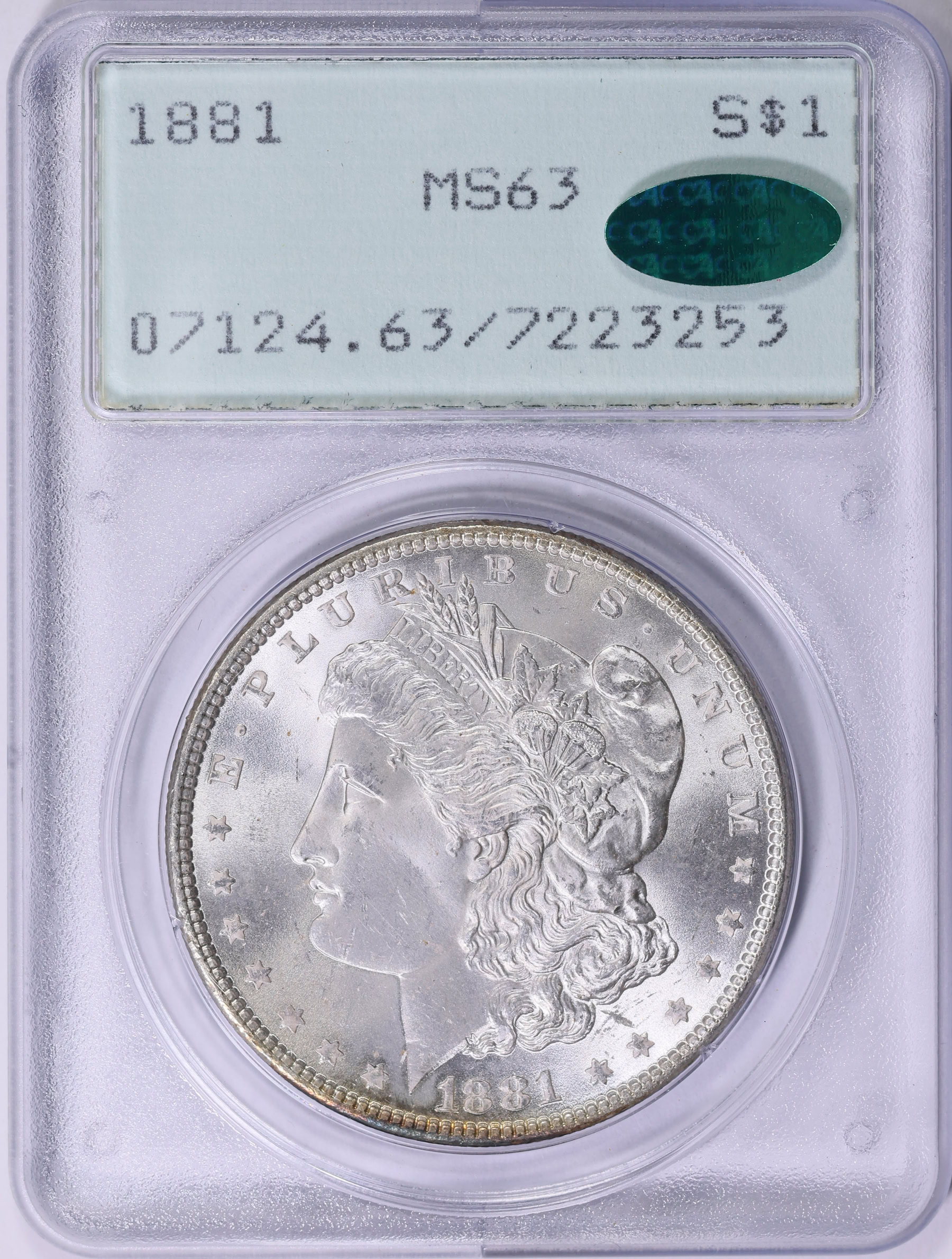1881 Morgan Silver Dollar PCGS MS-63 (CAC Green) OGH (1st Gen) (Item 1783015) | GreatCollections ...