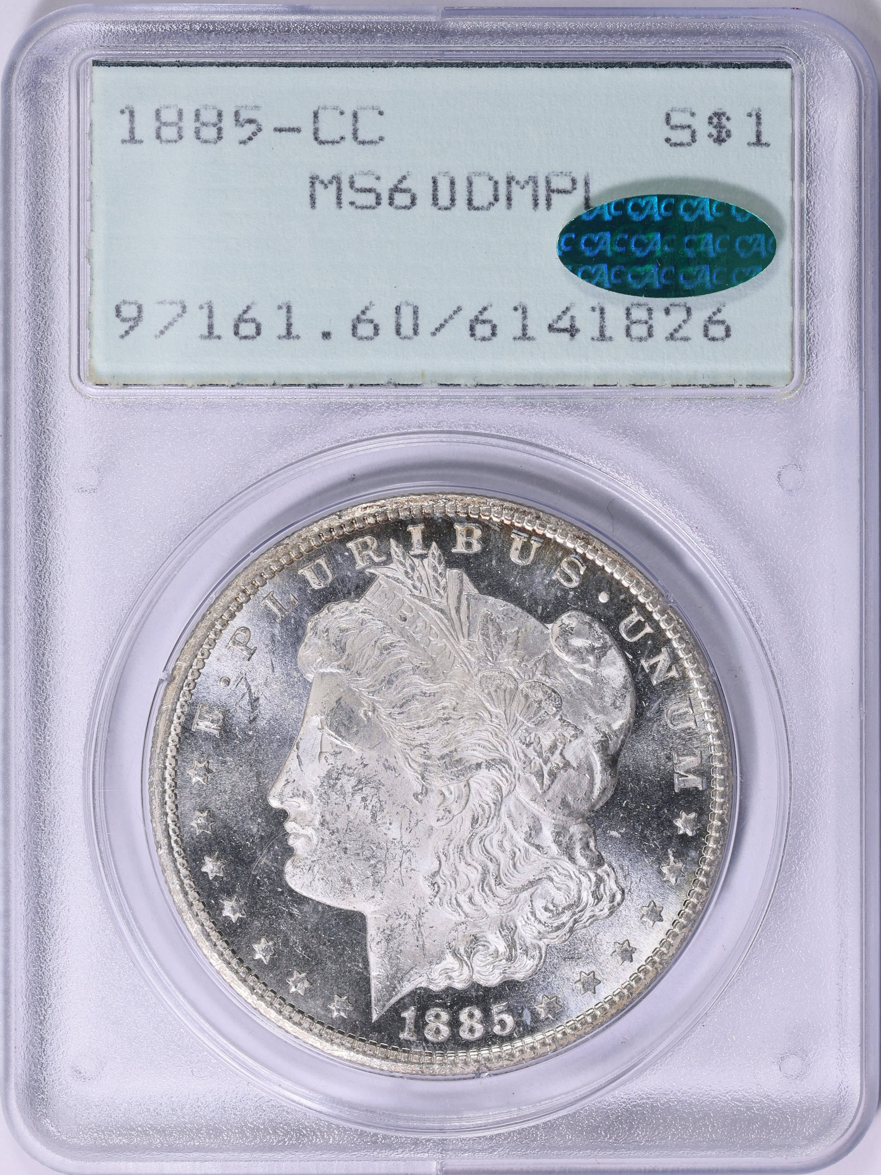1885-CC Morgan Silver Dollar PCGS MS-60 DMPL (CAC Green) OGH (1st Gen) (Item 1783057 ...