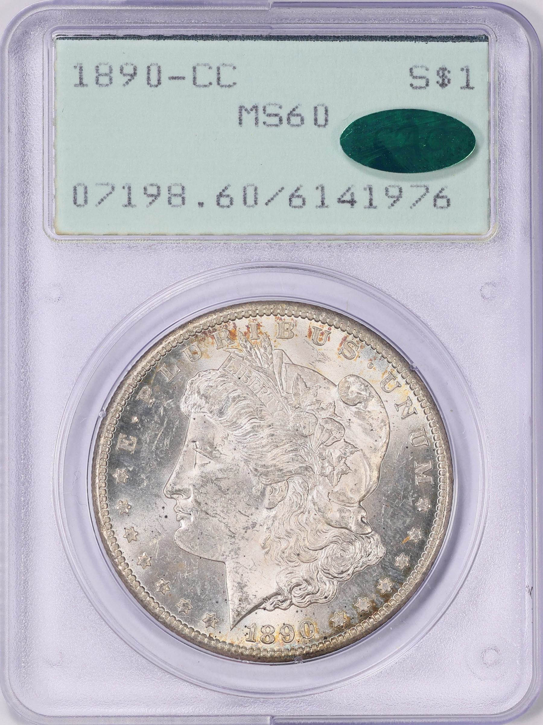 1890-CC Morgan Silver Dollar PCGS MS-60 (CAC Green) OGH (1st Gen) (Toned) (Item 1783082 ...