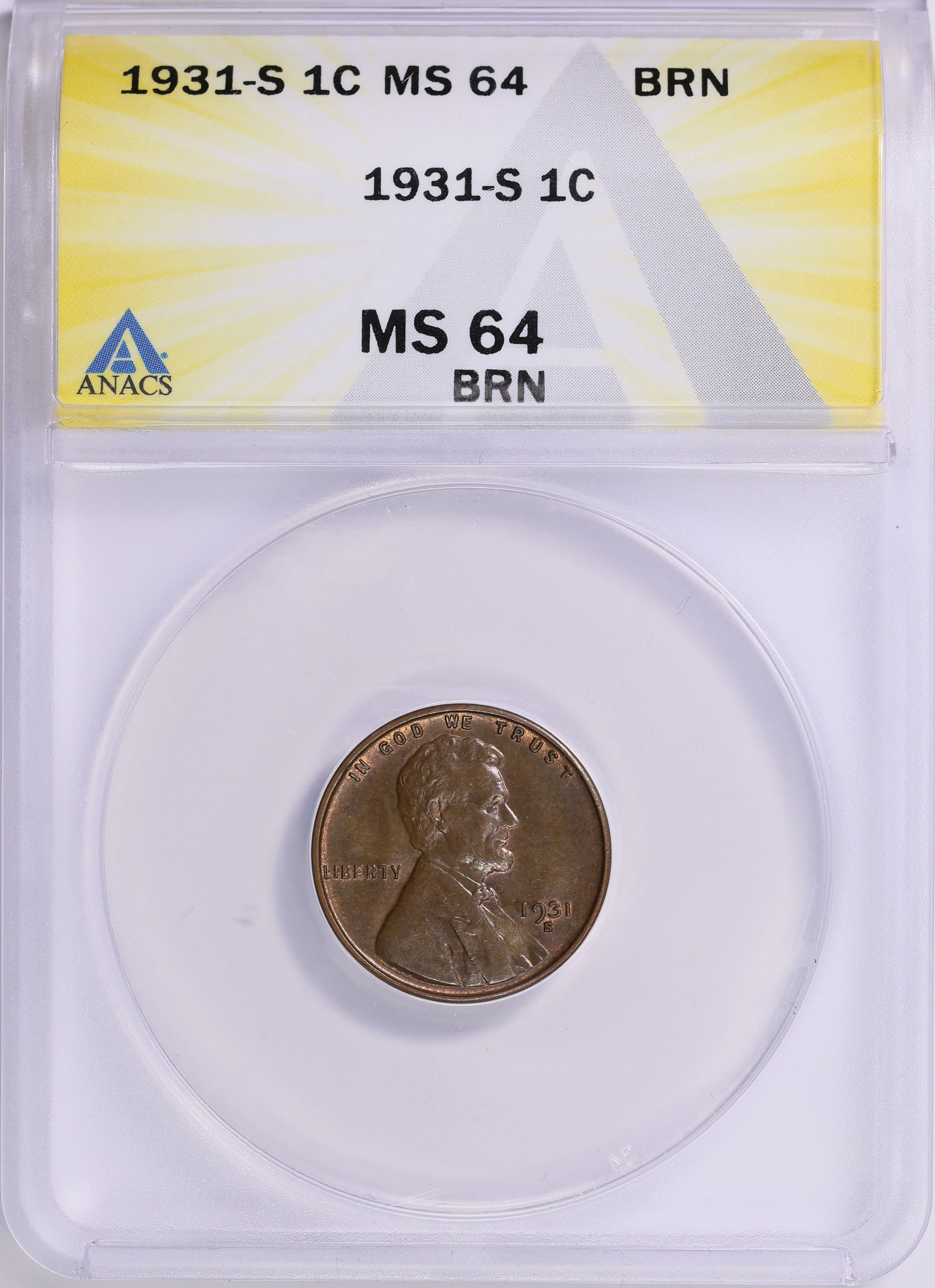 1931-S Lincoln Cent ANACS MS-64 BN (Item 1783176) | GreatCollections Coin Auctions