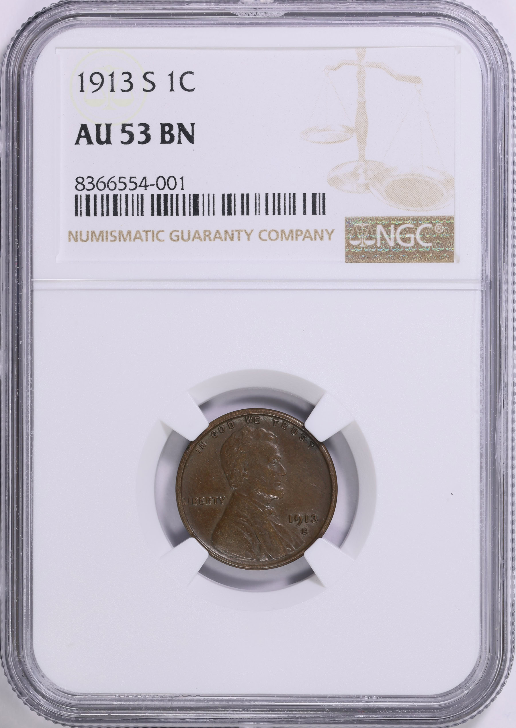 1913-S Lincoln Cent NGC AU-53 BN (Item 1783189) | GreatCollections Coin Auctions