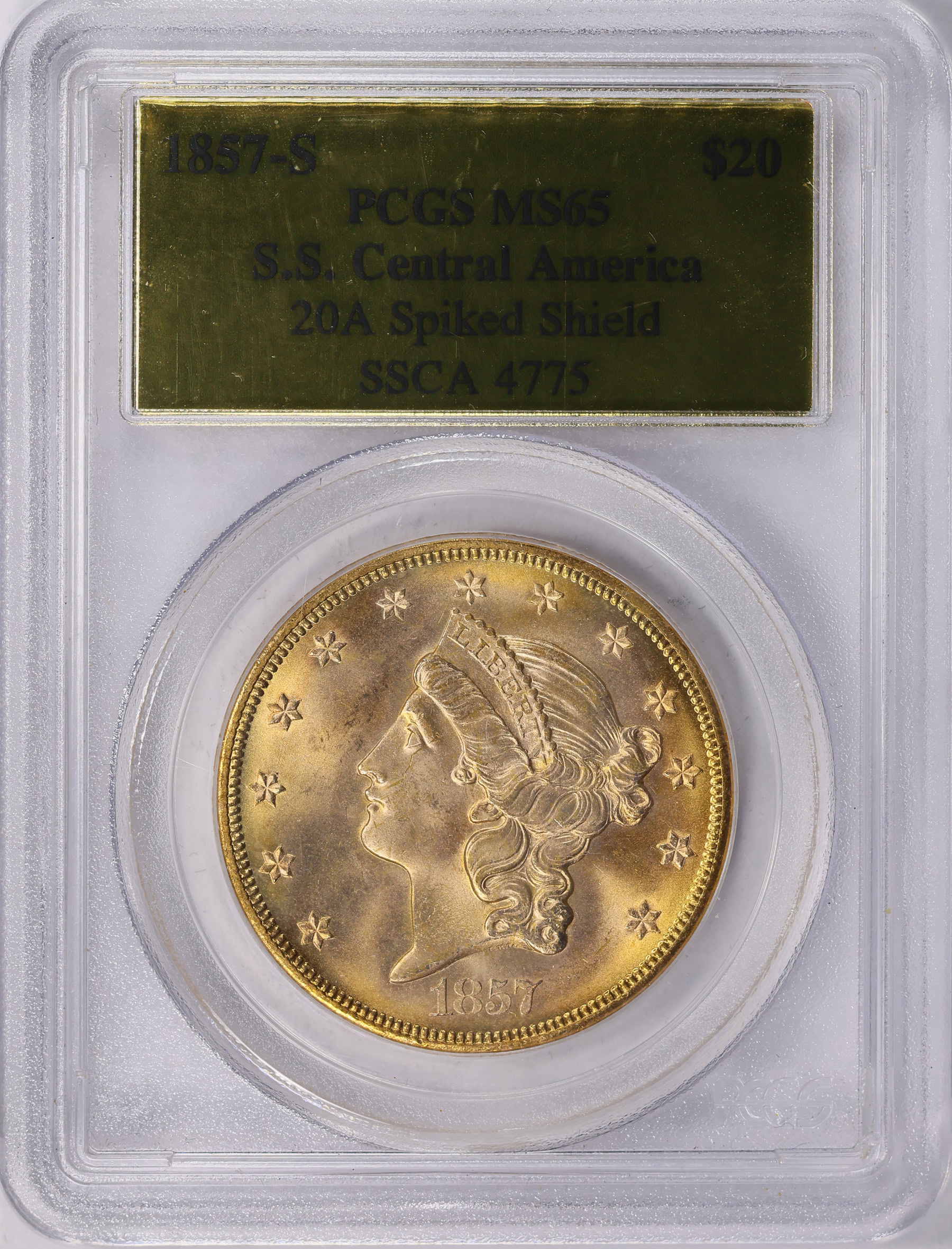 1857-S Liberty Gold Double Eagle 20A Spiked Shield PCGS MS-65 (Gold Foil Label) (With ...