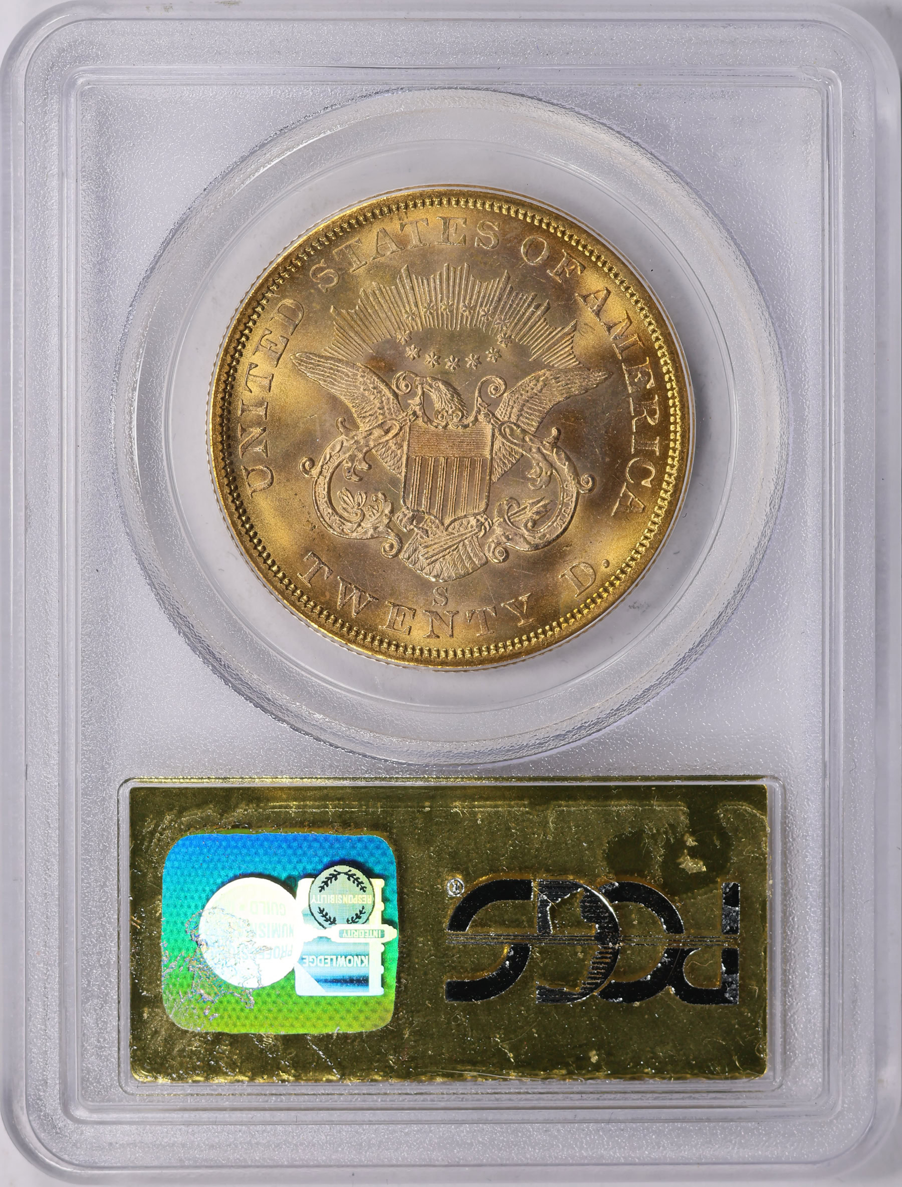 1857-S Liberty Gold Double Eagle 20A Spiked Shield PCGS MS-65 (Gold Foil Label) (With ...