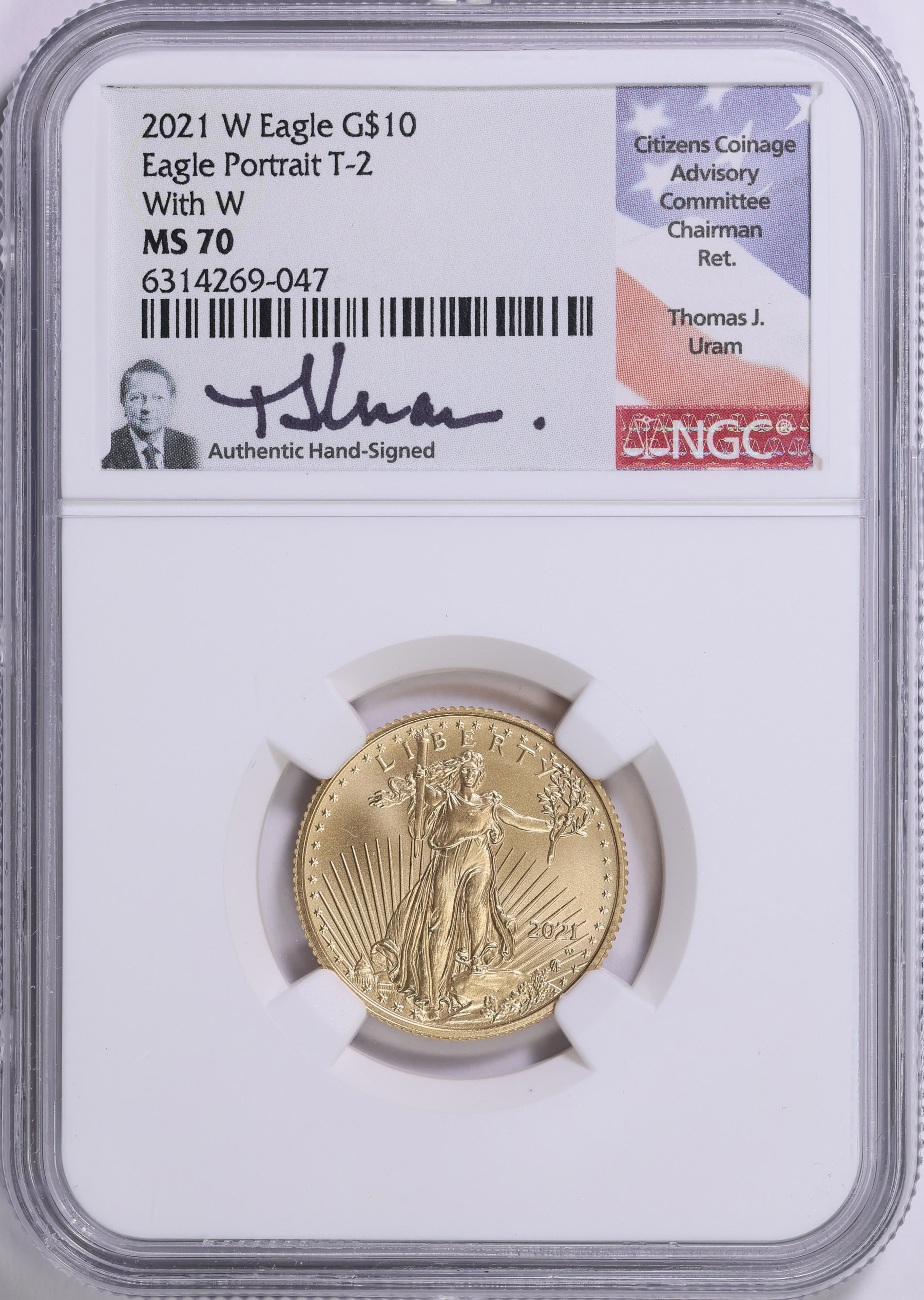 2021-W $10 Quarter-Ounce Gold American Eagle Type 2 Unfinished Proof Dies NGC MS-70 (Thomas J ...