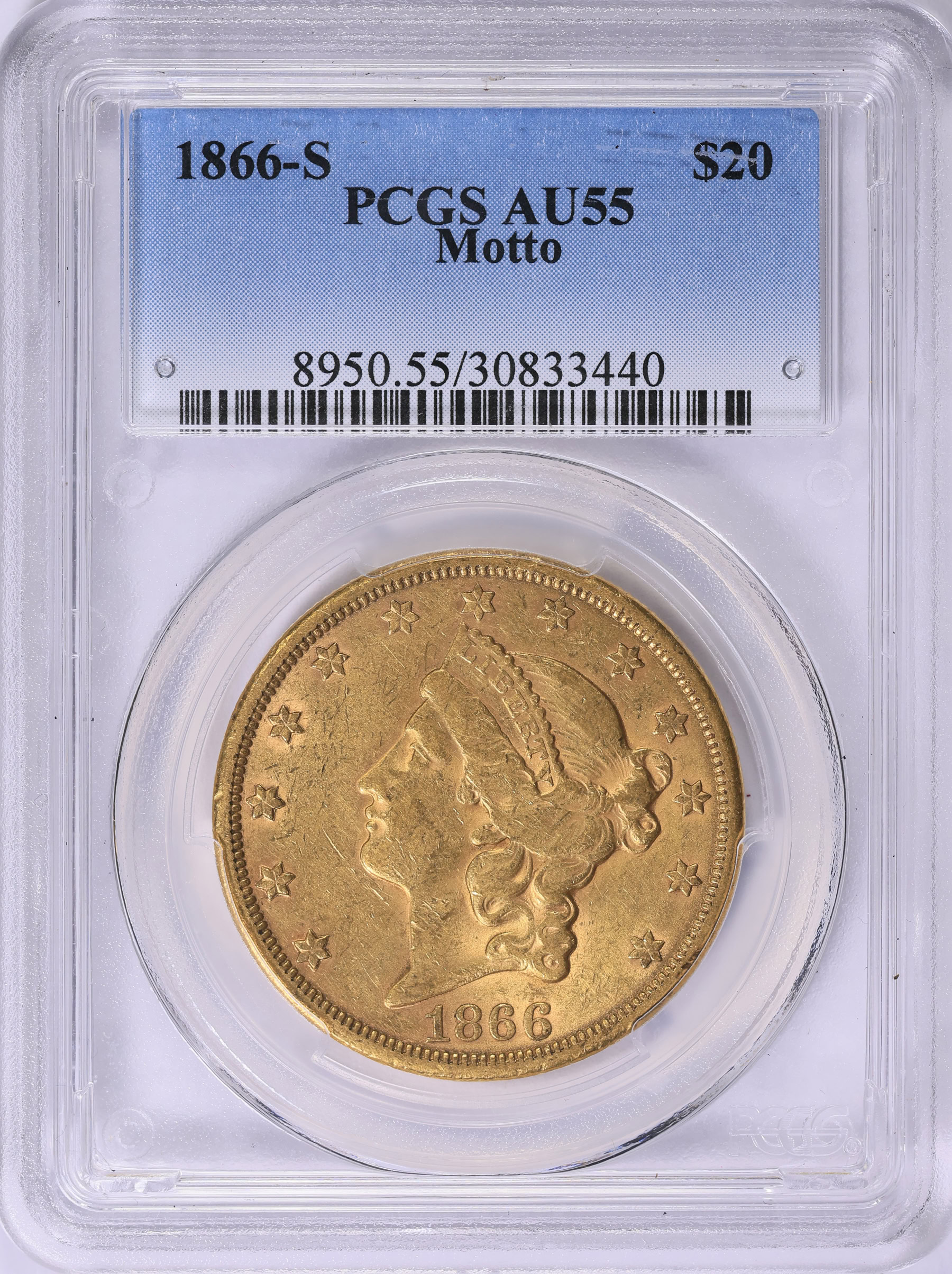 1866-S Liberty Gold Double Eagle Motto PCGS AU-55 (Item 1783261) | GreatCollections Coin Auctions