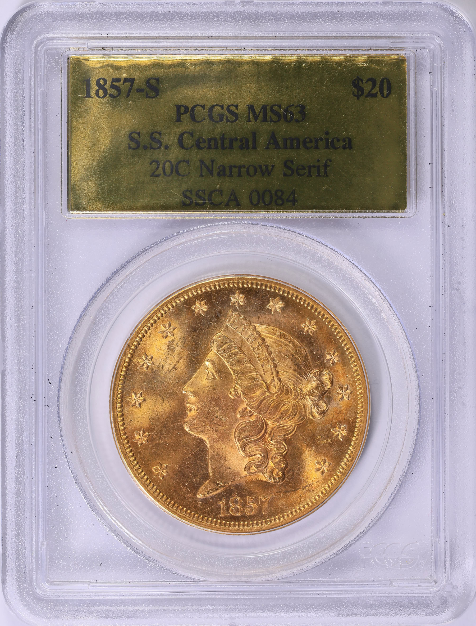 1857-S Liberty Gold Double Eagle Shipwreck S.S. Central America 20C Narrow Serif PCGS MS-63 ...