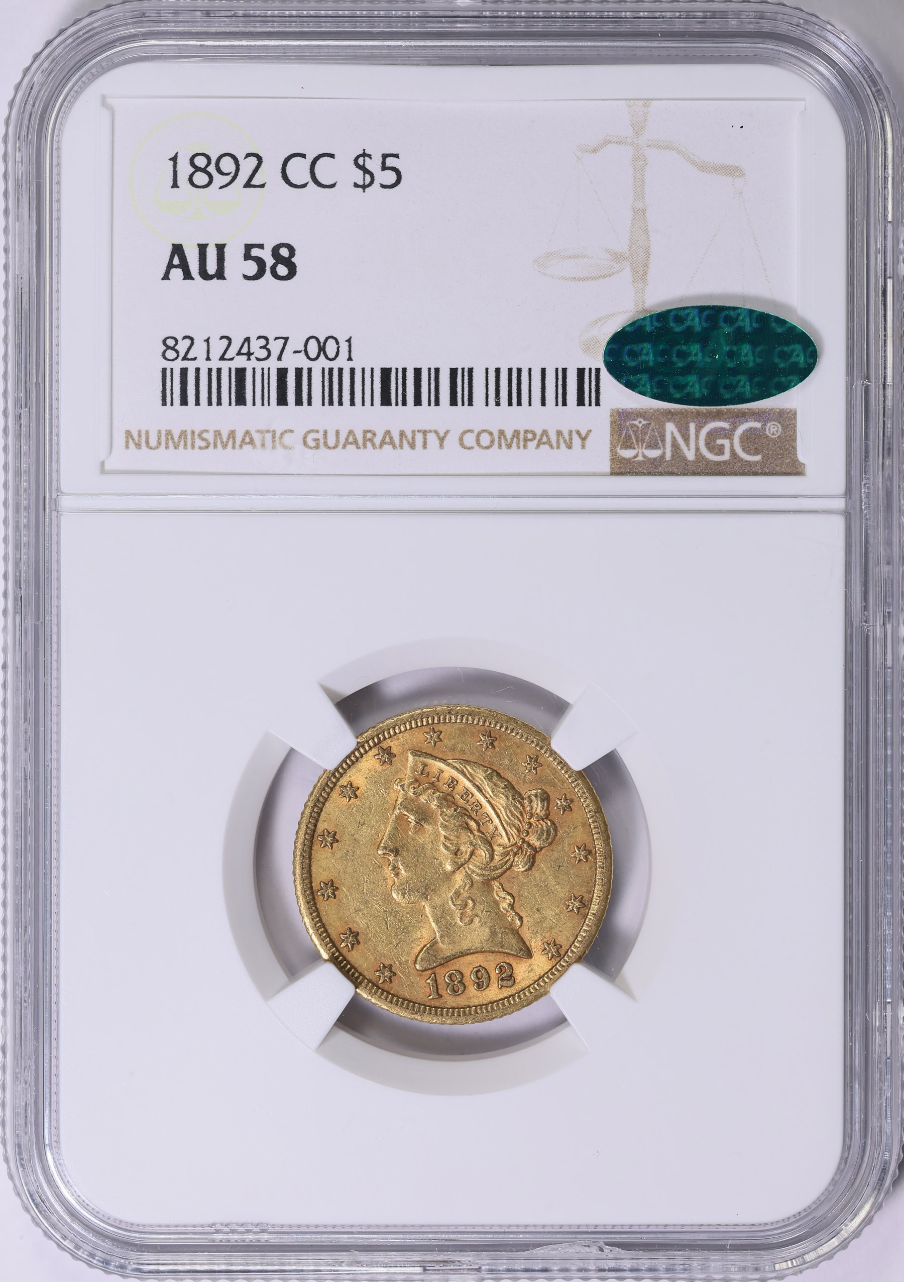 1892-CC Liberty Gold Half Eagle NGC AU-58 (CAC Green) (Item 1783349) | GreatCollections Coin ...