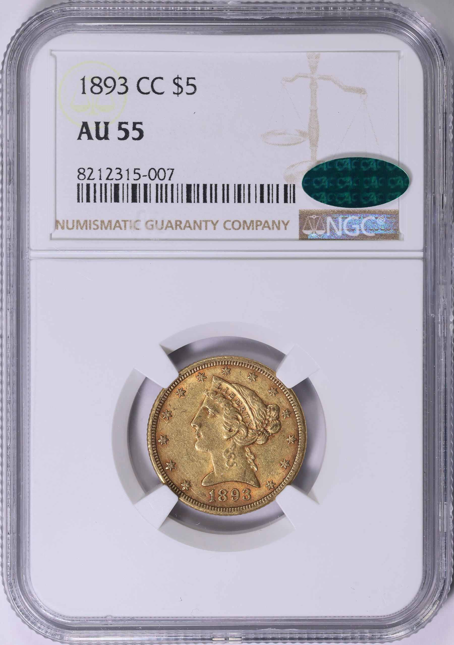 1893-CC Liberty Gold Half Eagle NGC AU-55 (CAC Green) (Item 1783350) | GreatCollections Coin ...