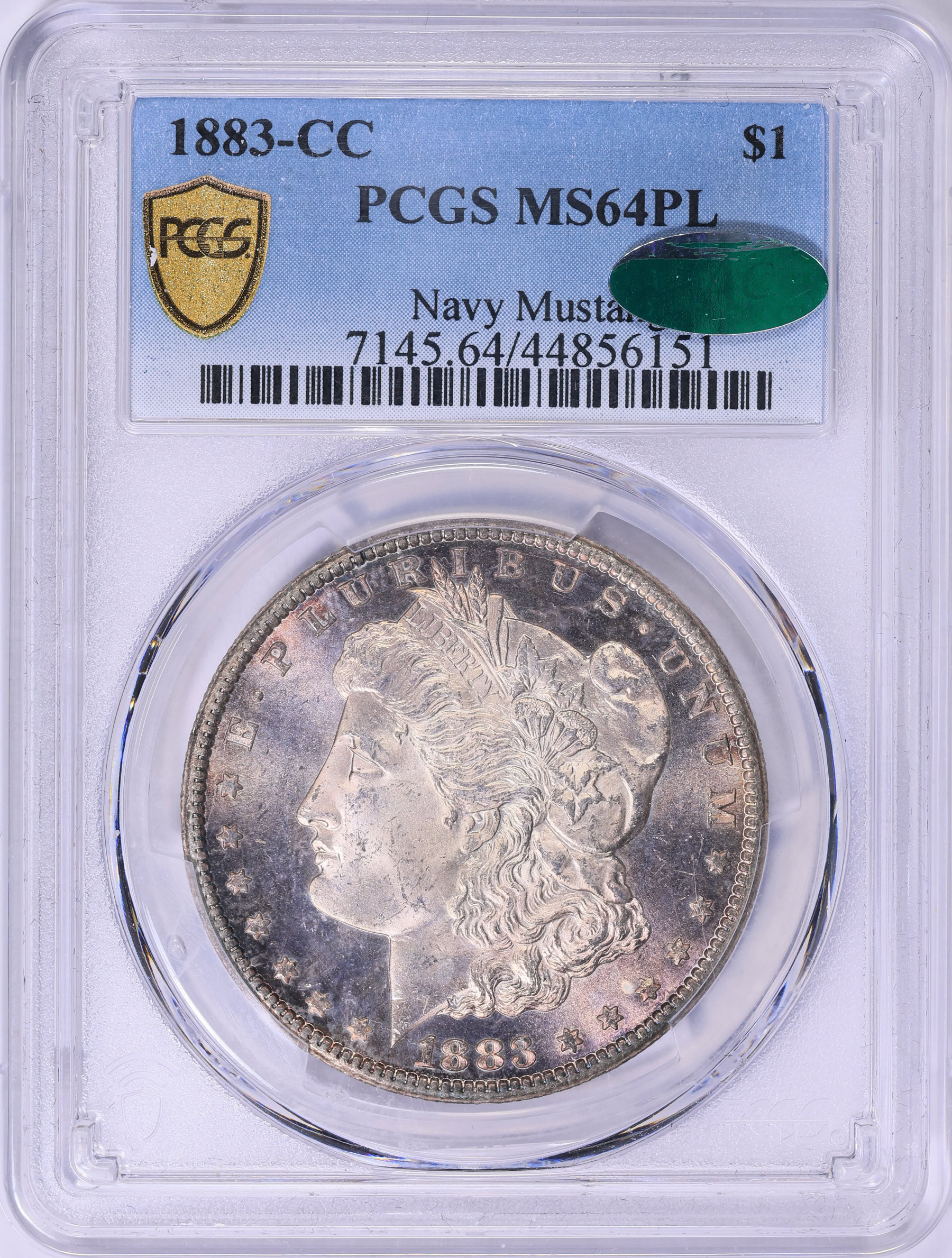 1883-CC Morgan Silver Dollar PCGS MS-64 PL (CAC Green) (Toned) (Navy Mustang Collection) (Item ...