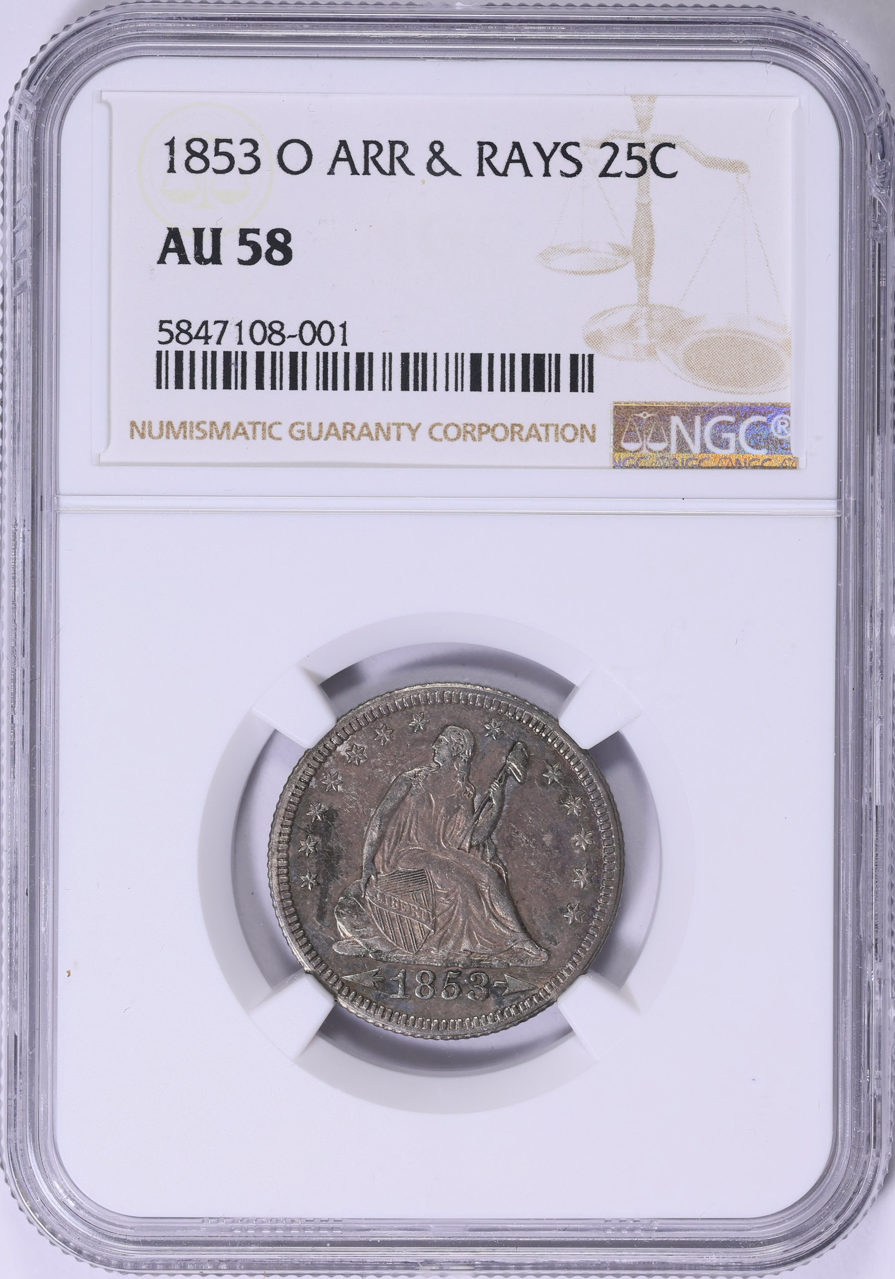1853-O Seated Liberty Quarter Arrows and Rays NGC AU-58 (Item 1783456) | GreatCollections Coin ...