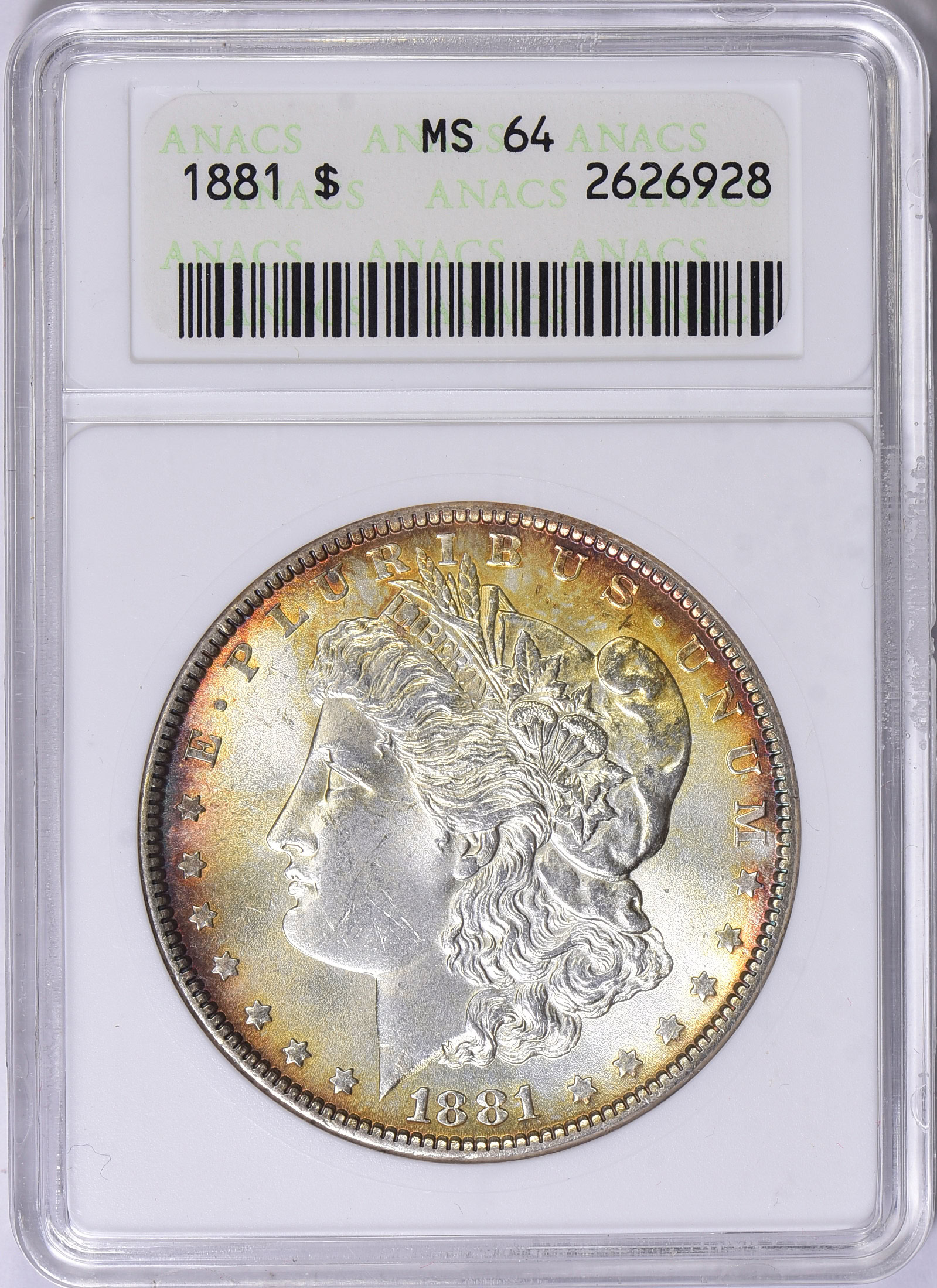 1881 Morgan Silver Dollar ANACS MS-64 OH (Toned) (Item 1783493) | GreatCollections Coin Auctions