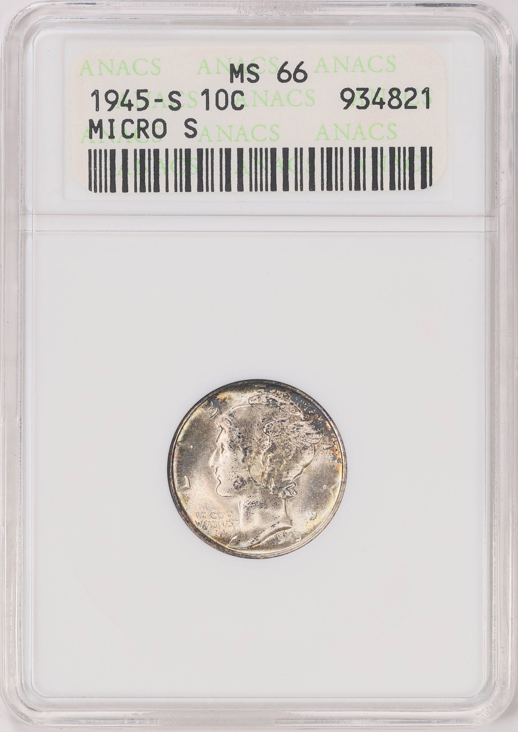 1945-S Mercury Dime Micro S ANACS MS-66 OH (Toned) (Item 1783548) | GreatCollections Coin Auctions