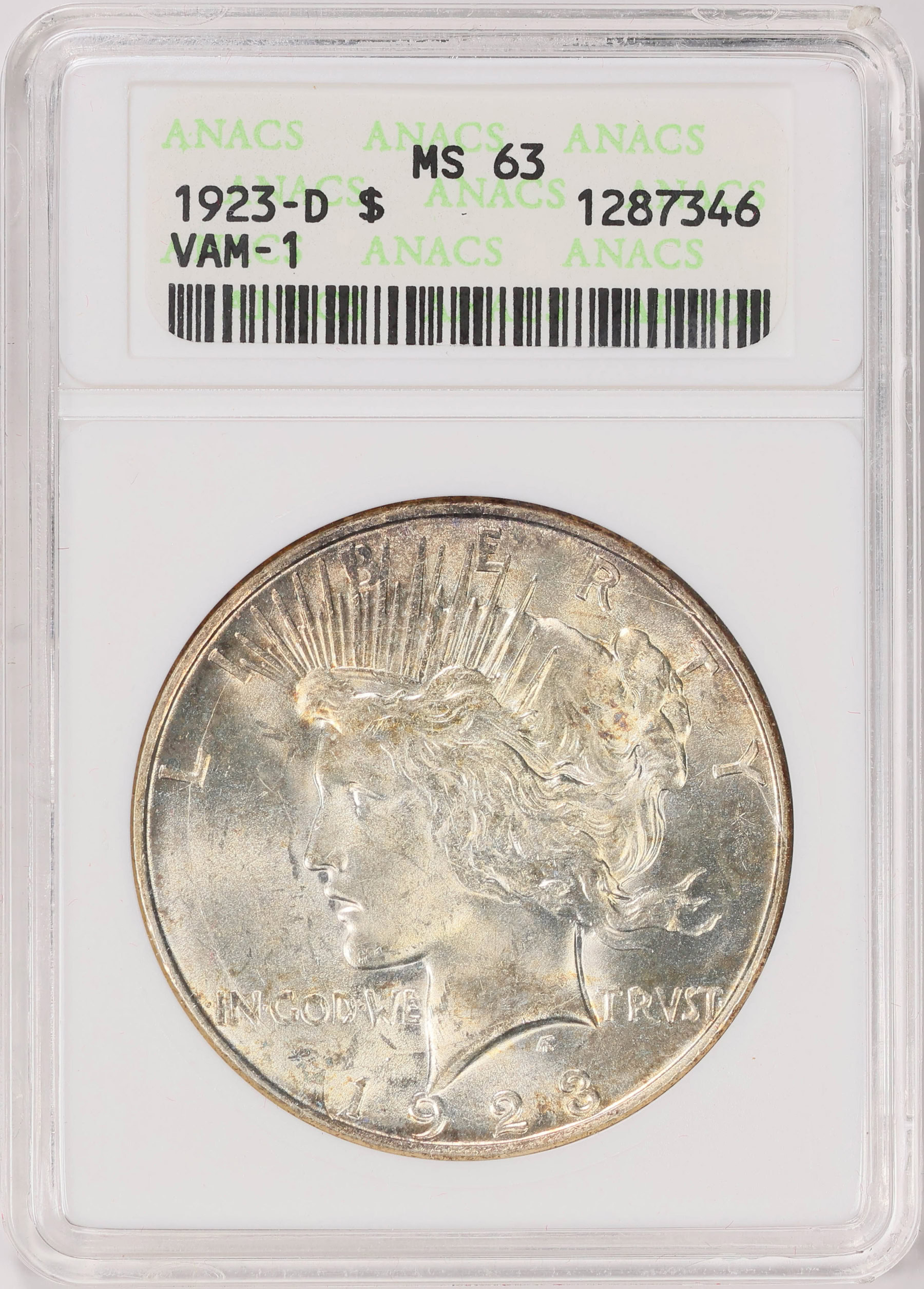 1923-D Peace Silver Dollar VAM-1 ANACS MS-63 OH (Toned) (Item 1783553) | GreatCollections Coin ...