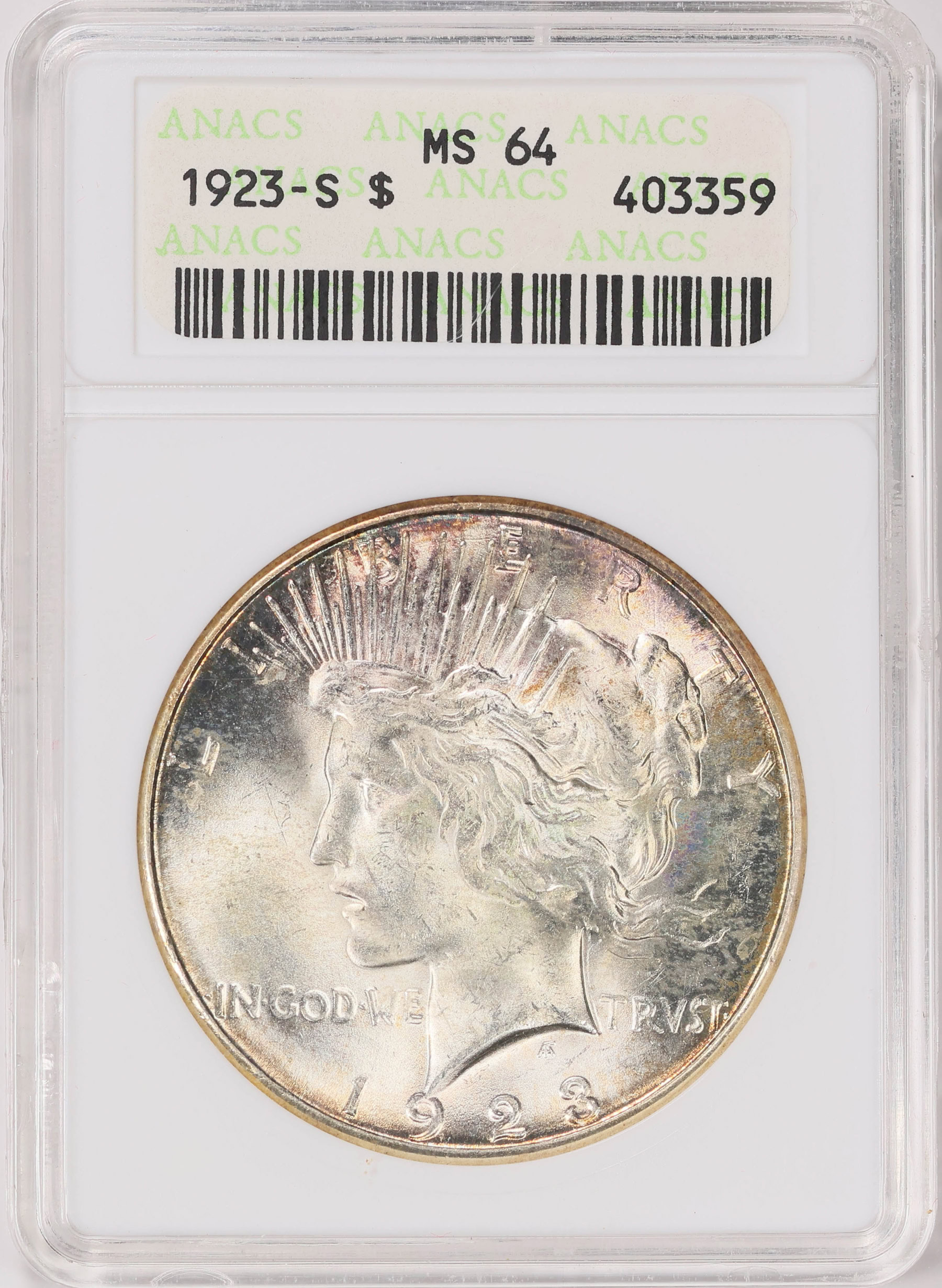1923-S Peace Silver Dollar ANACS MS-64 OH (Toned) (Item 1783554) | GreatCollections Coin Auctions