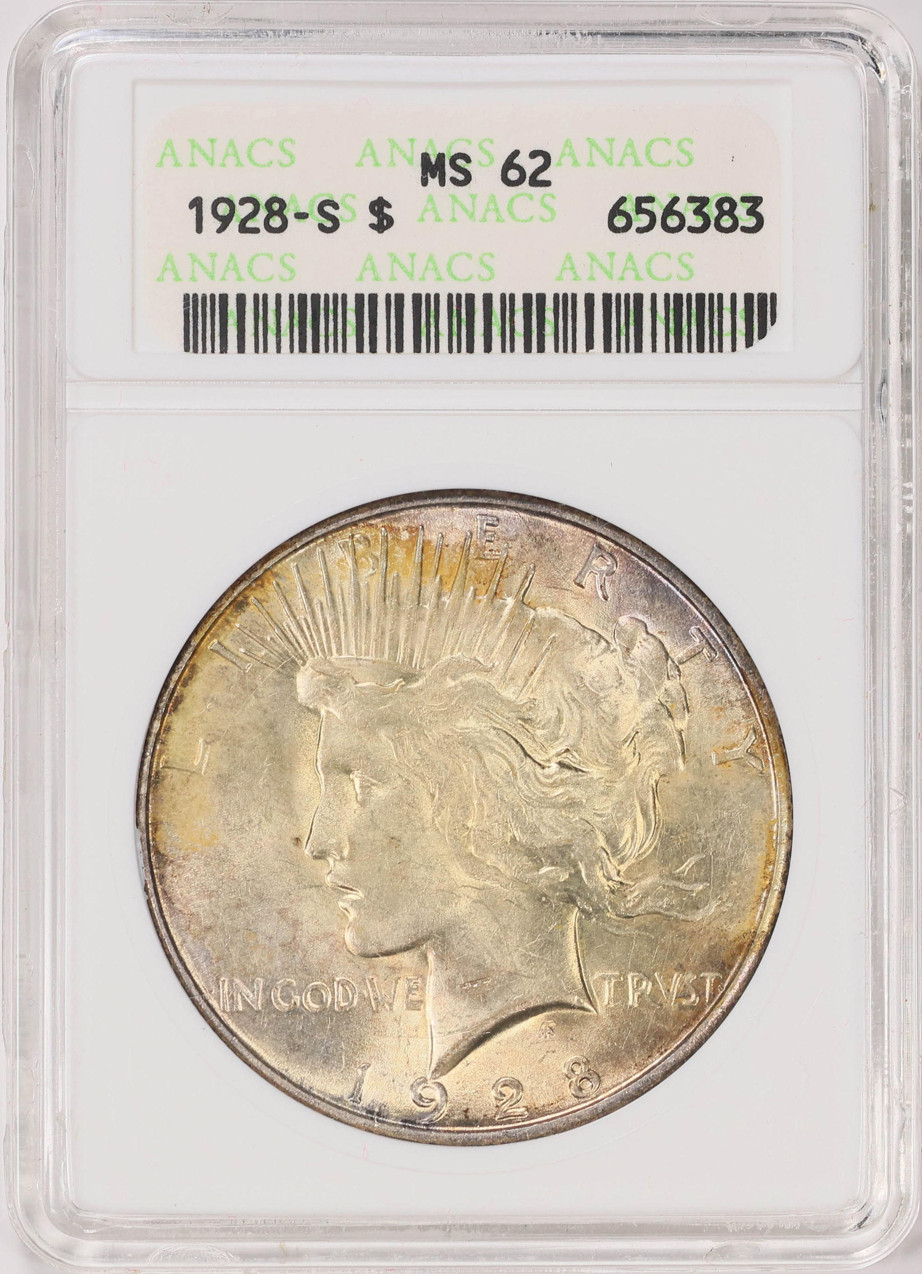 1928-S Peace Silver Dollar ANACS MS-62 OH (Toned) (Item 1783566) | GreatCollections Coin Auctions